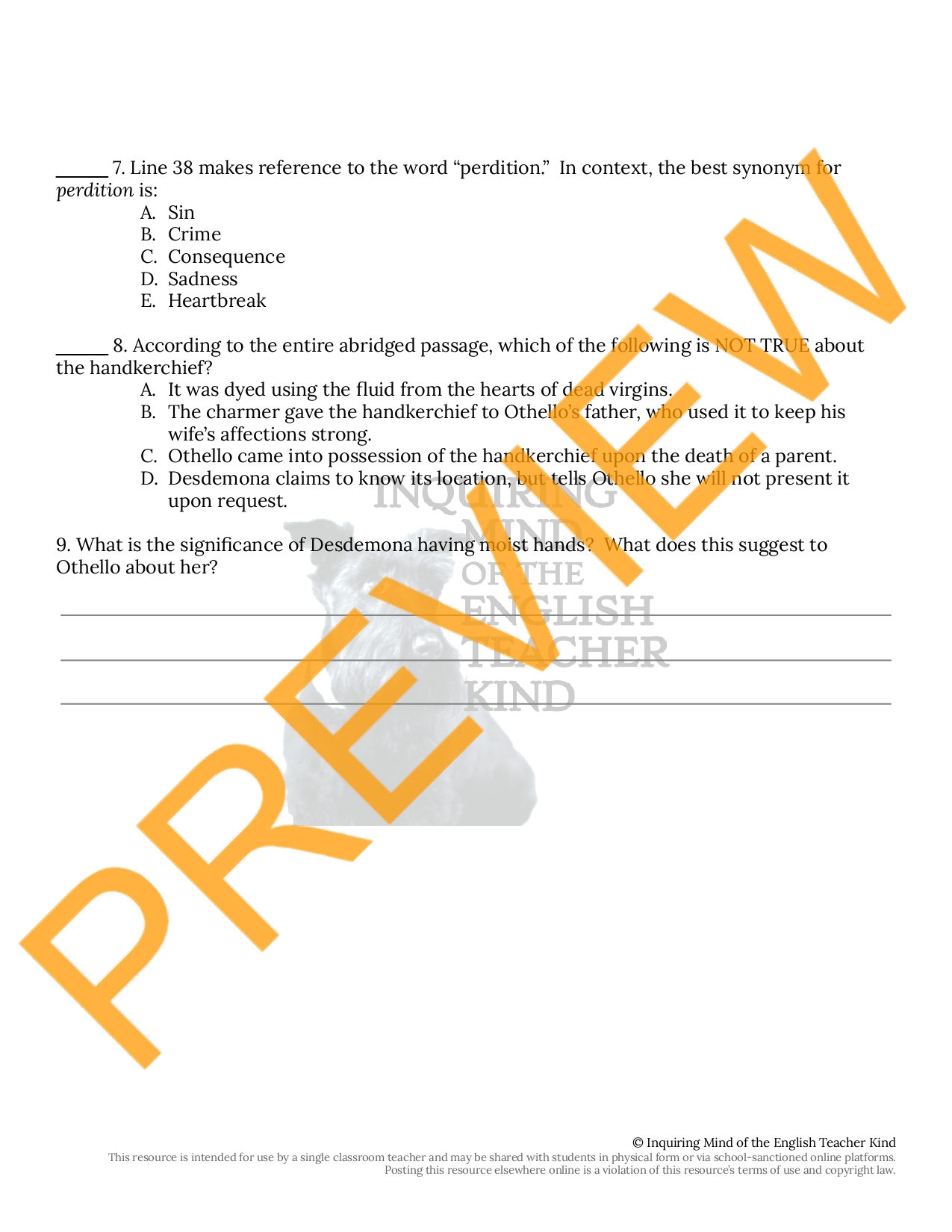 Othello Act 3 Scene 4 Close Reading Worksheet | Teaching Resources