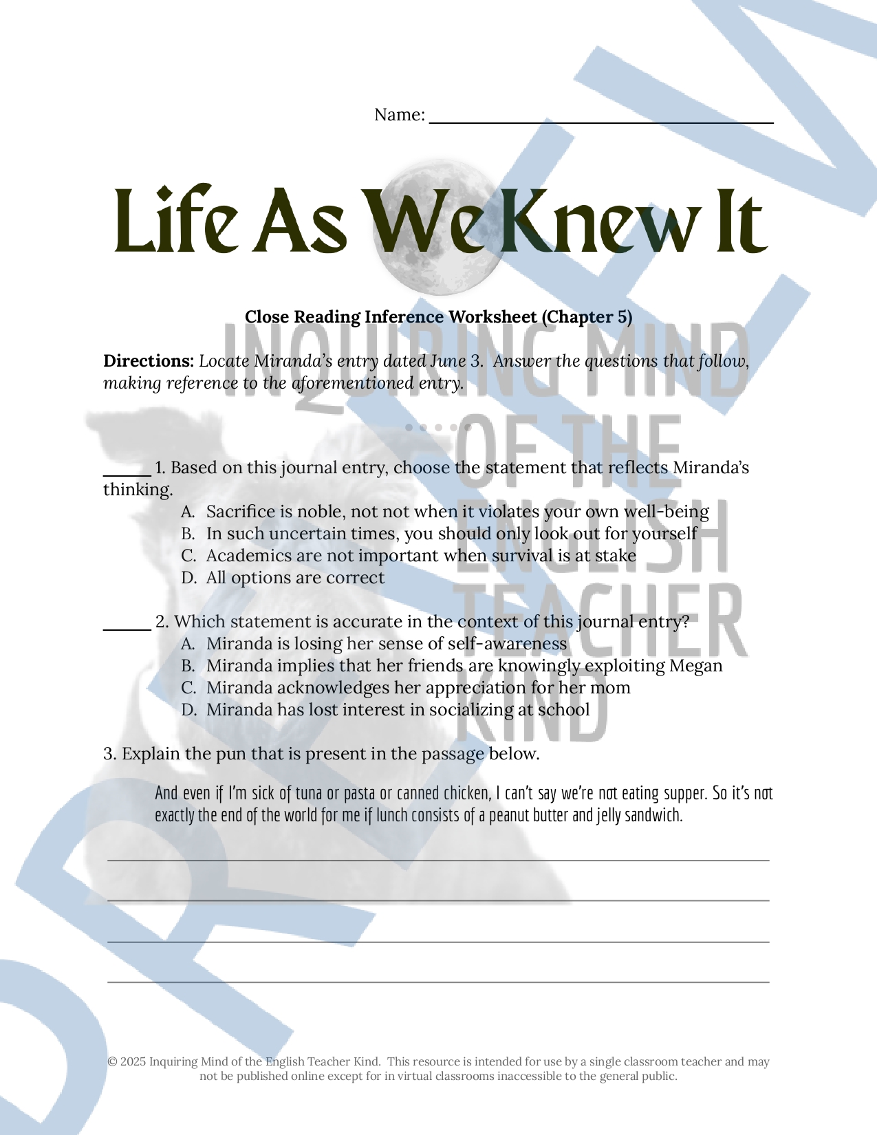 Life As We Knew It Chapter 5 Close Reading Inference Worksheet and ...