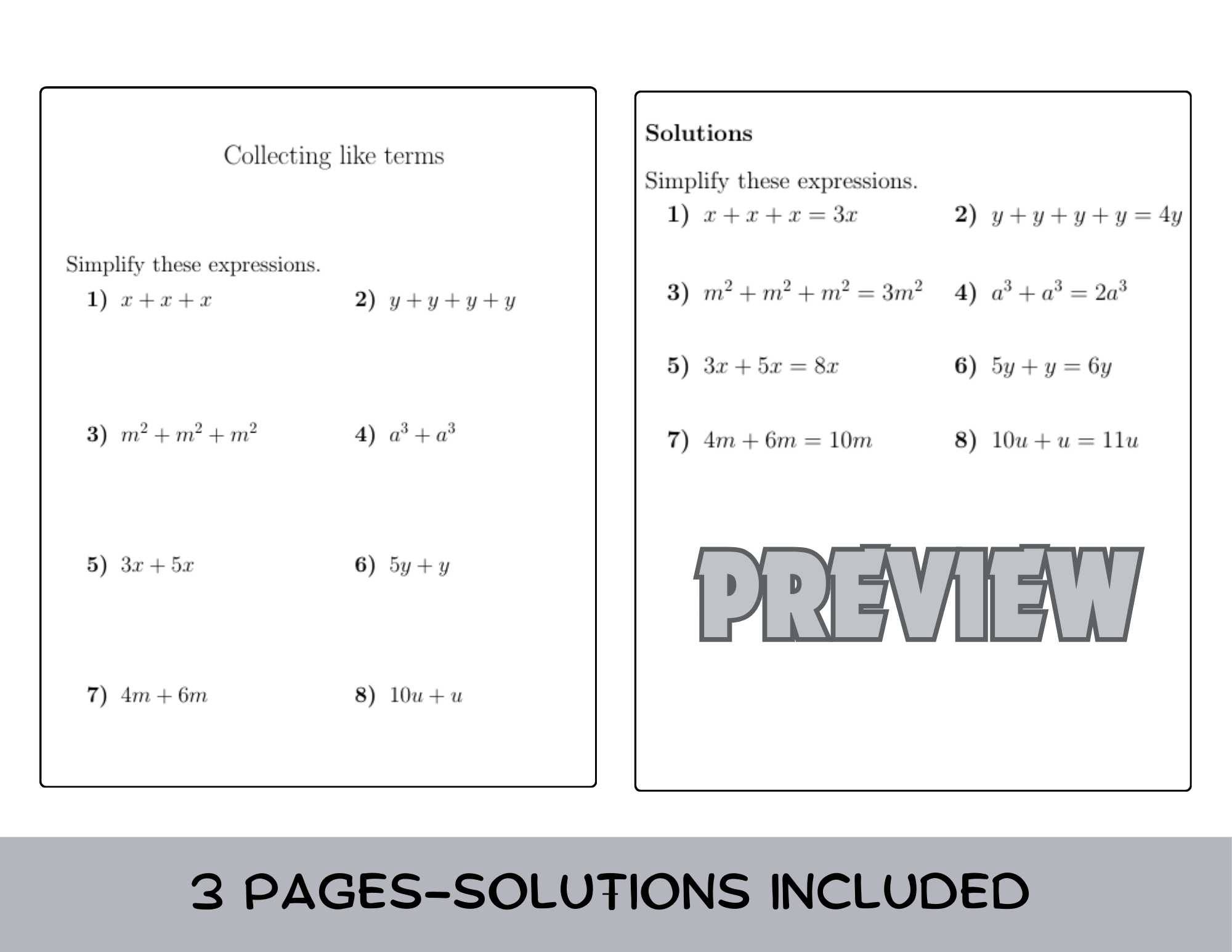 Collecting like terms worksheet no 2 (with solutions) | Teaching Resources