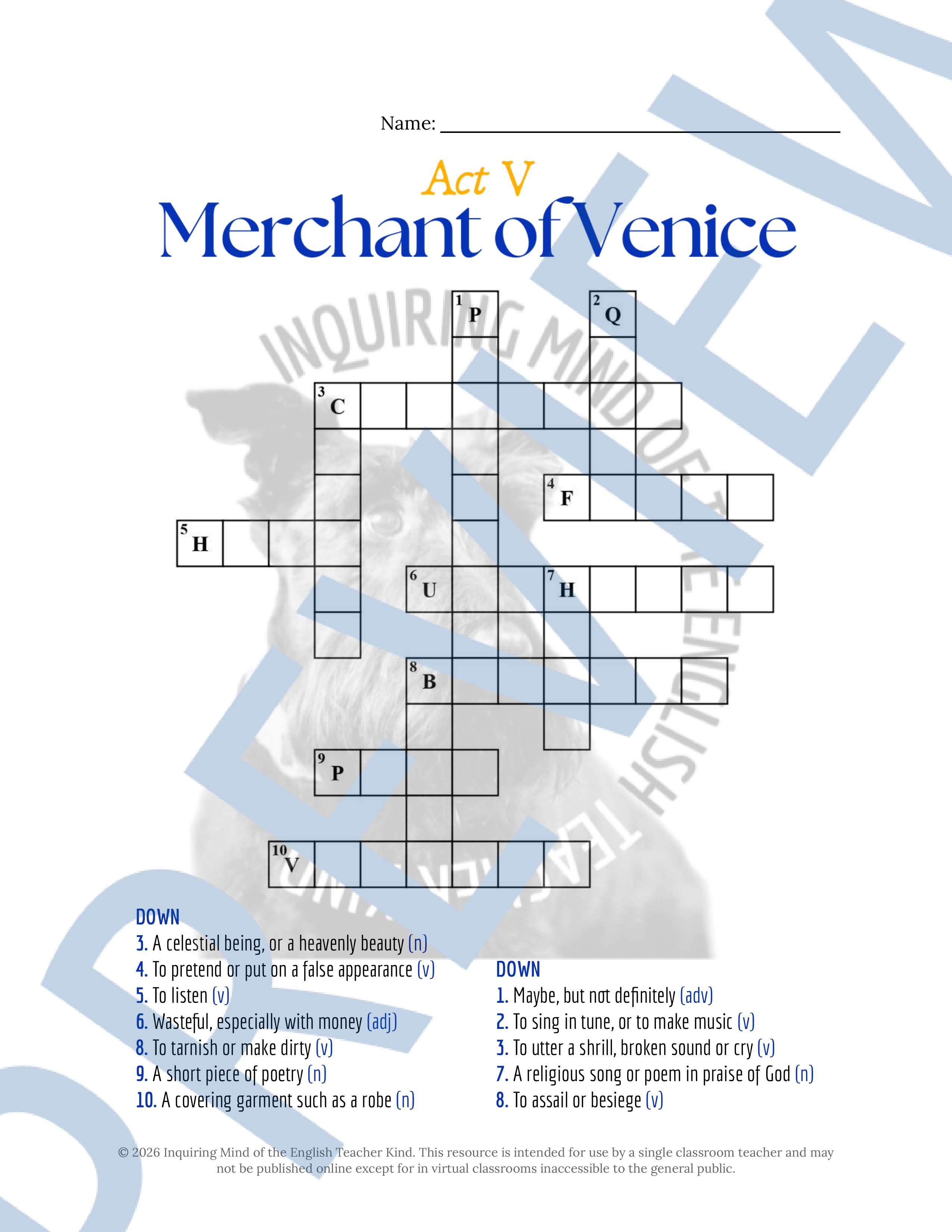 The Merchant of Venice Act 5 Vocabulary Games | Crossword Puzzle | Word ...