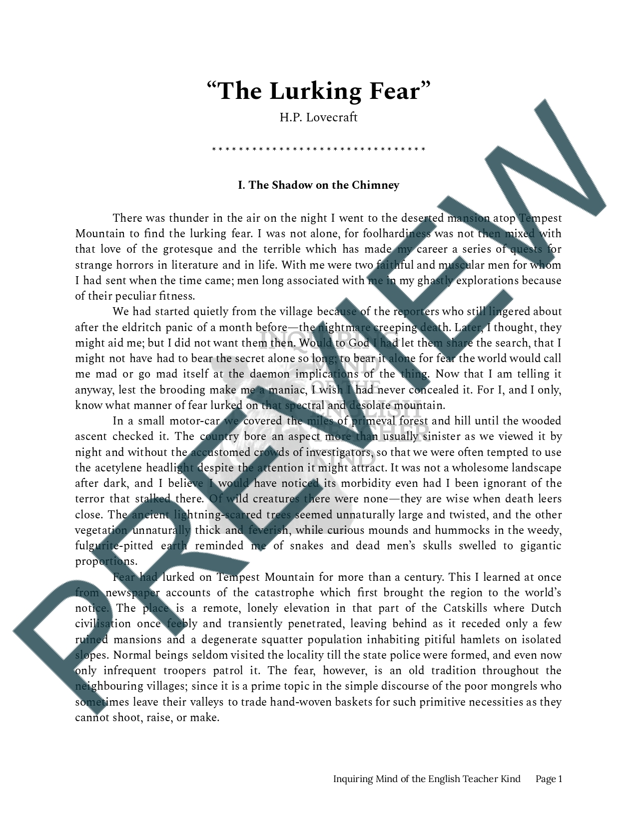 "The Lurking Fear" by H.P. Lovecraft Close Reading Worksheet | Teaching ...