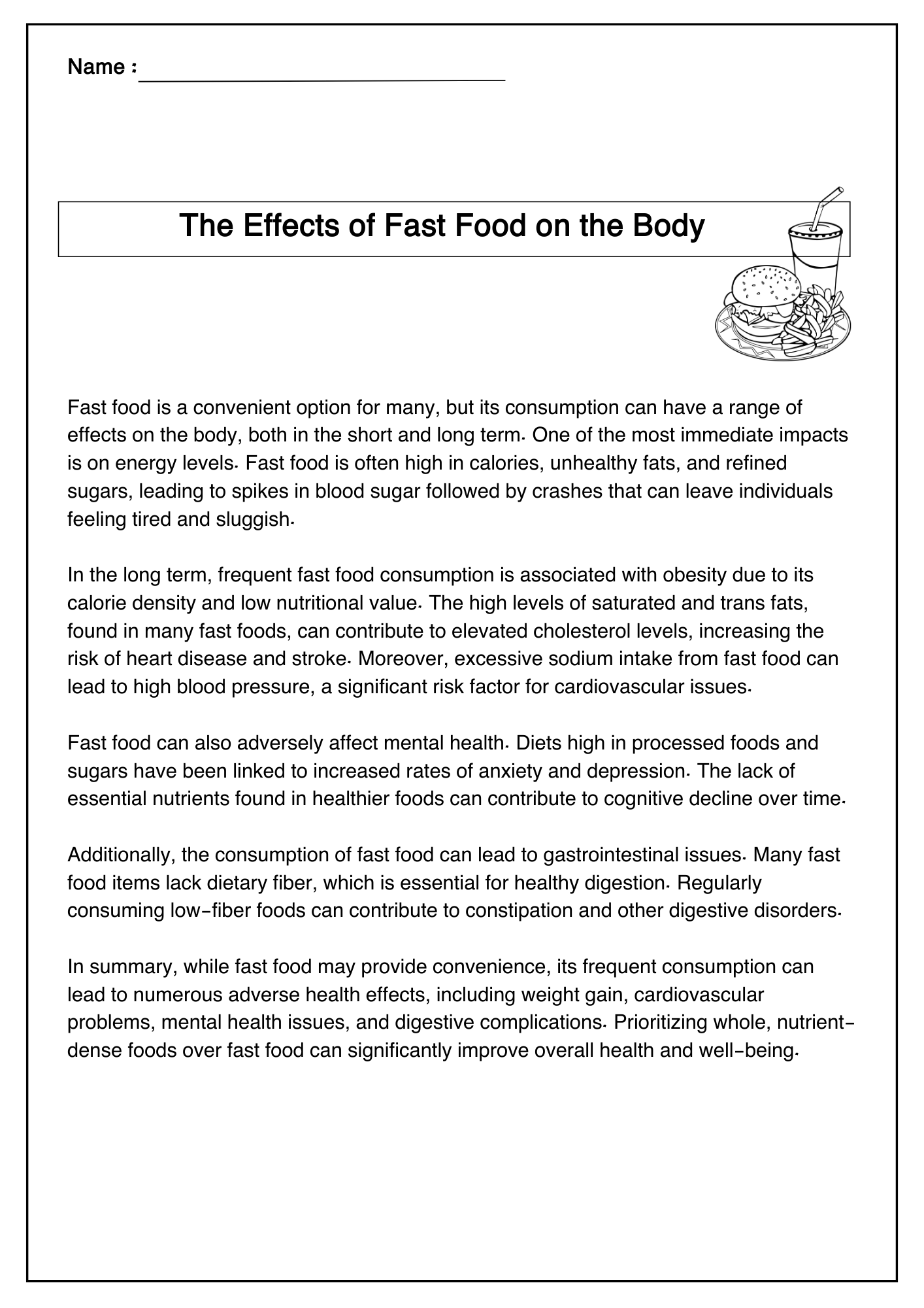 The Effects of Fast Food on the Body Reading Comprehension Passages ...
