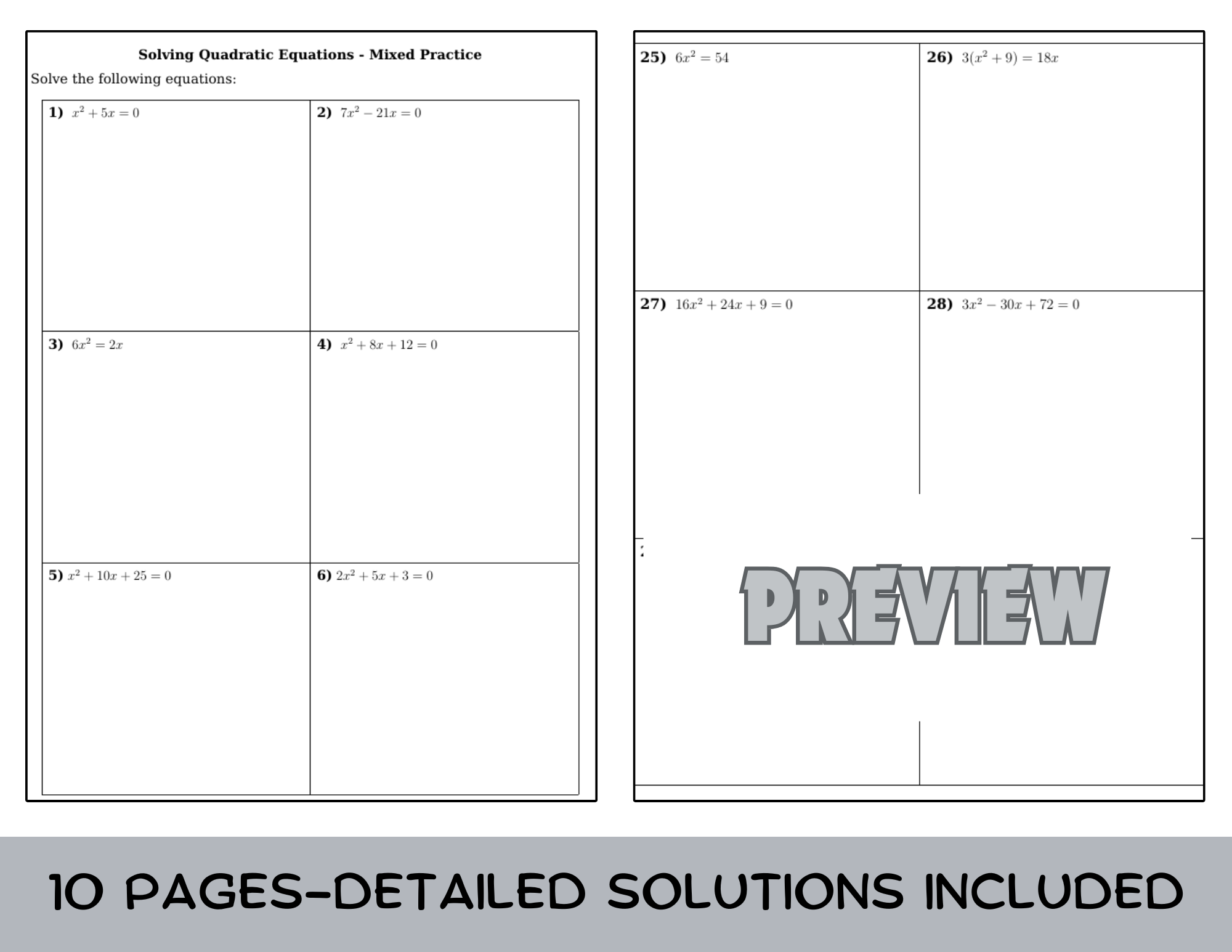Solving Quadratic Equations - Mixed Practice Worksheet (with solutions ...
