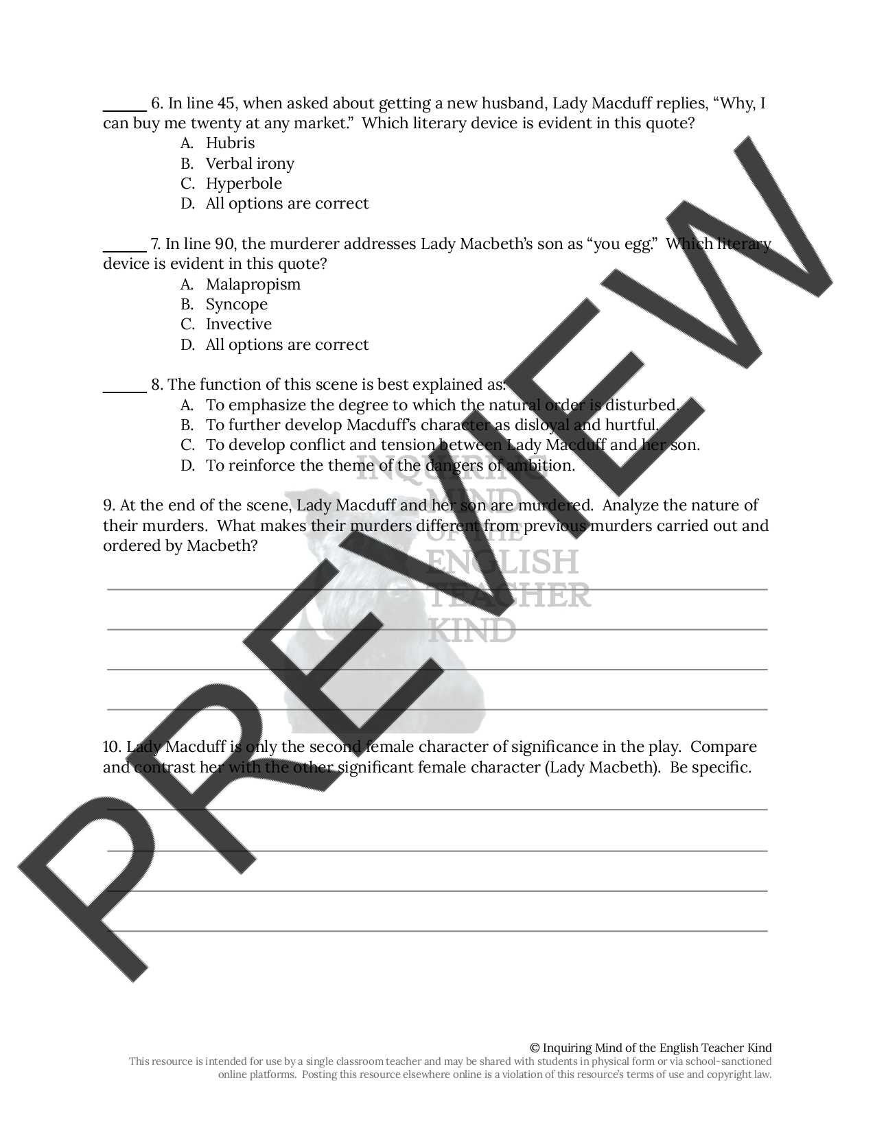 Macbeth Act 4 Scene 2 Close Reading Worksheet | Teaching Resources