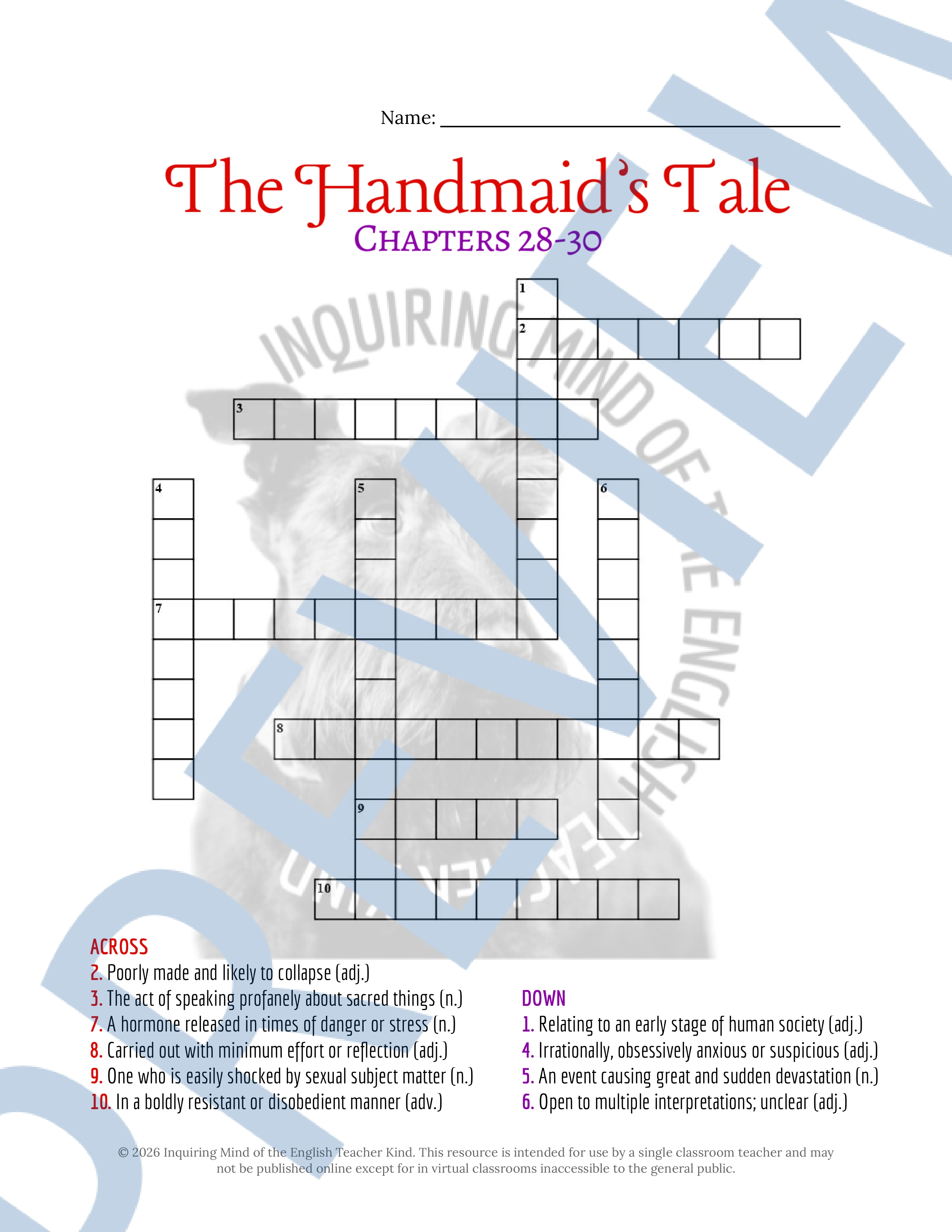 The Handmaid's Tale Chapters 28, 29 & 30 Vocabulary Games | Crossword ...