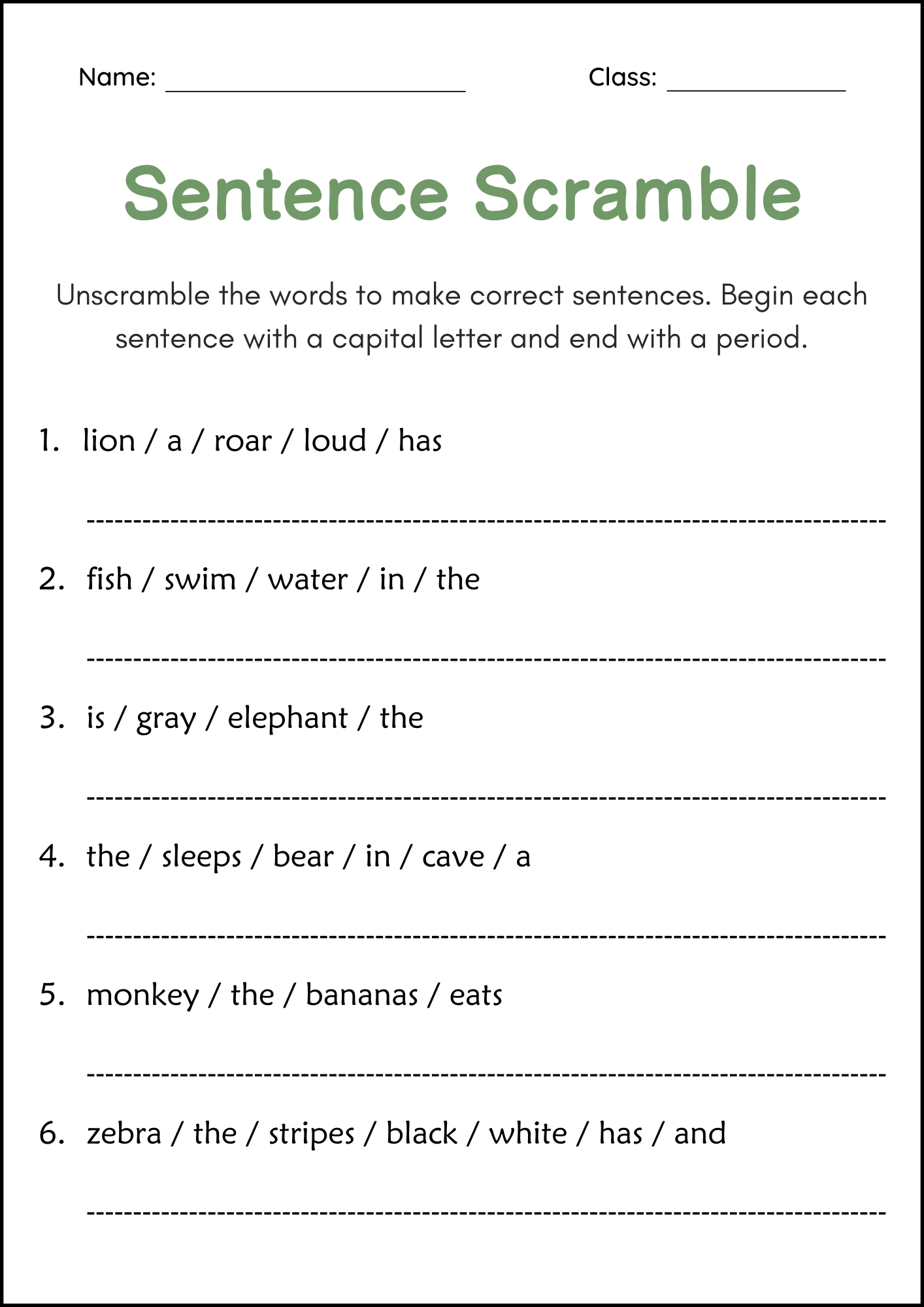 Sentence Scramble Practice Grammar Worksheets - Kindergarten Literacy ...