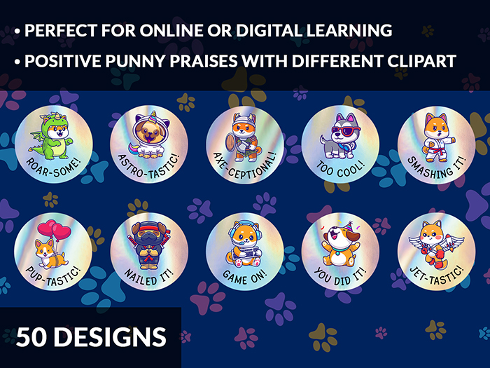 50 Digital Dog Holographic Stickers | Teaching Resources