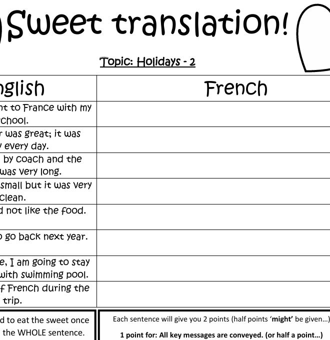 Sweet Translation - les vacances (Holidays) - French | Teaching Resources