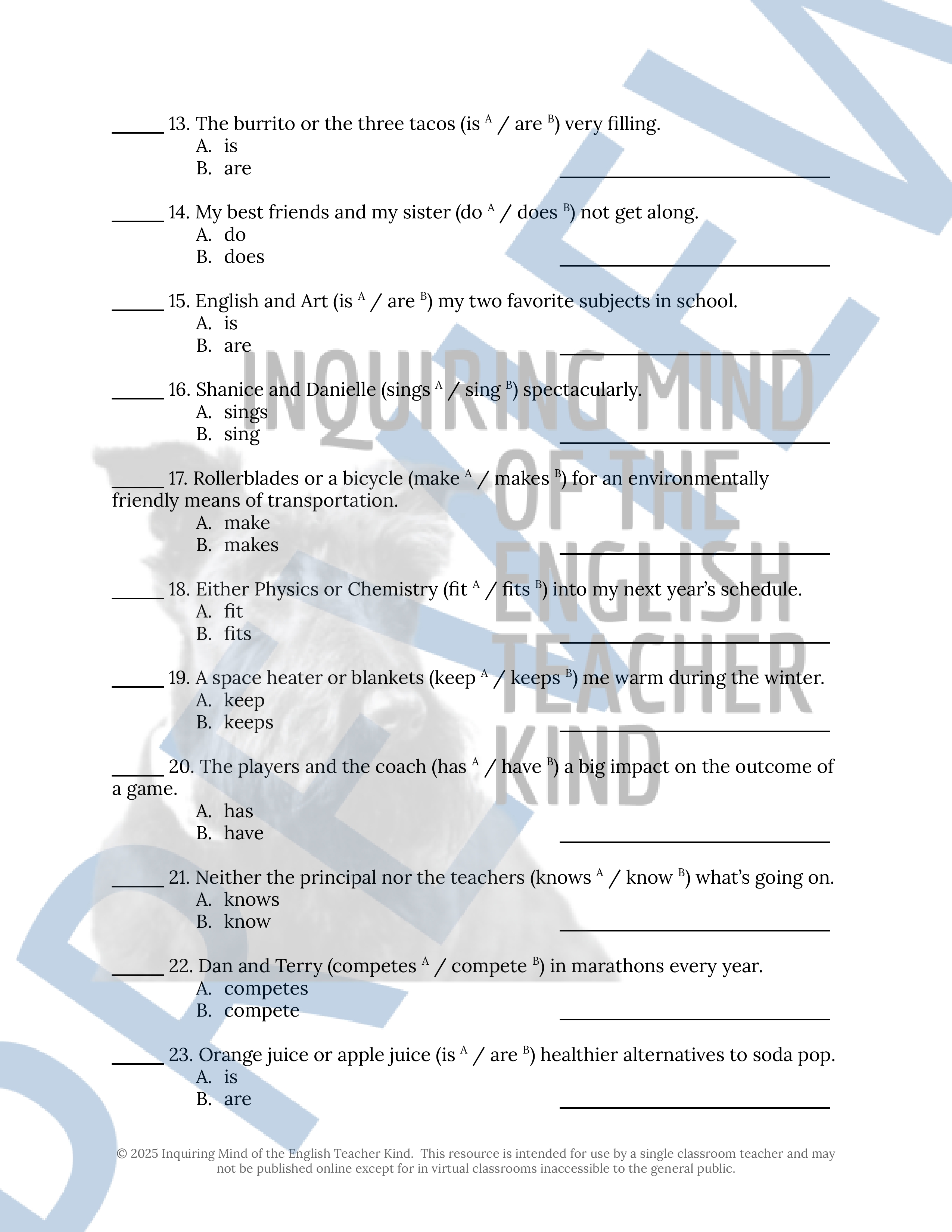 Grammar Review Worksheet on Compound Subjects and Verb Agreement ...
