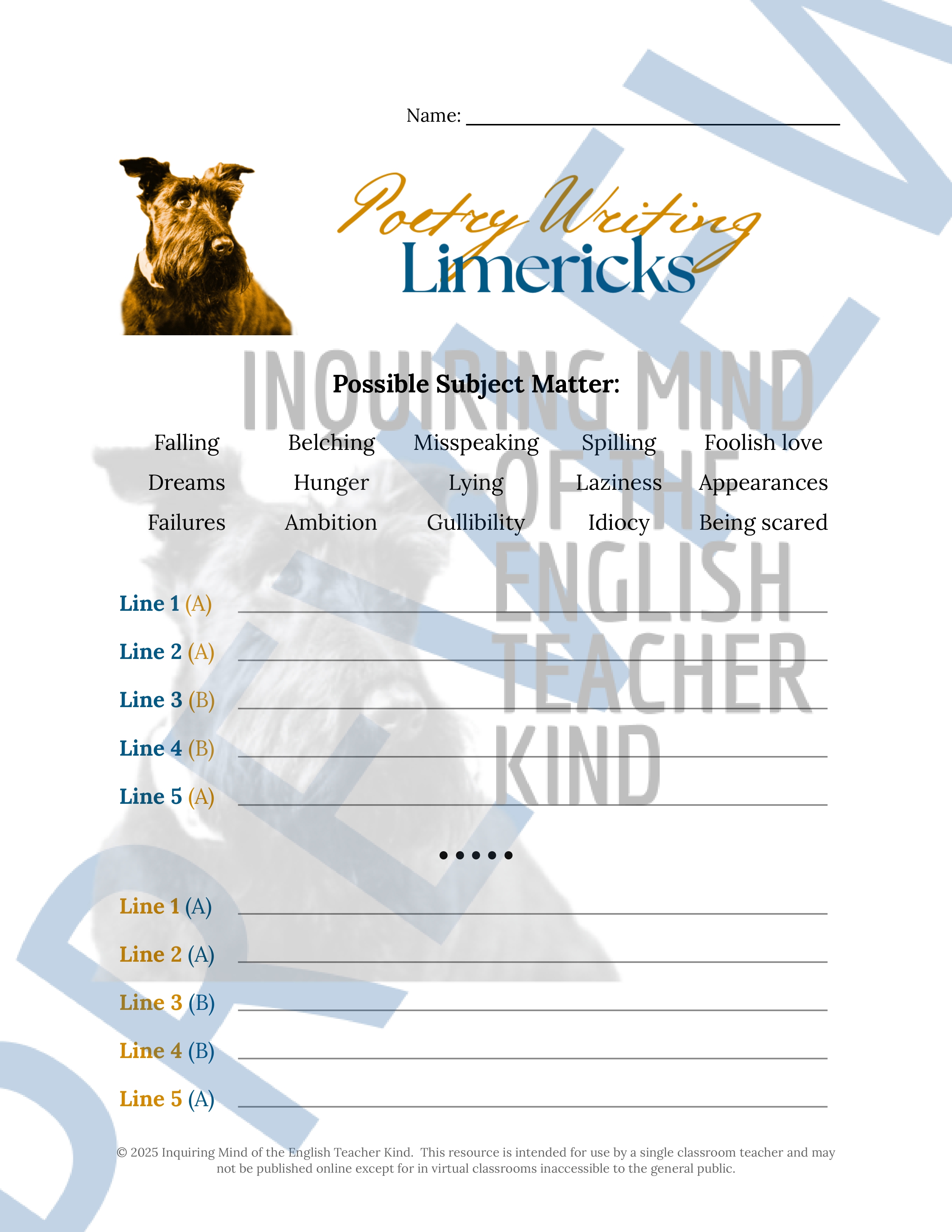 Limerick Poetry Activity with Outline and Exemplar for Creative Writing ...