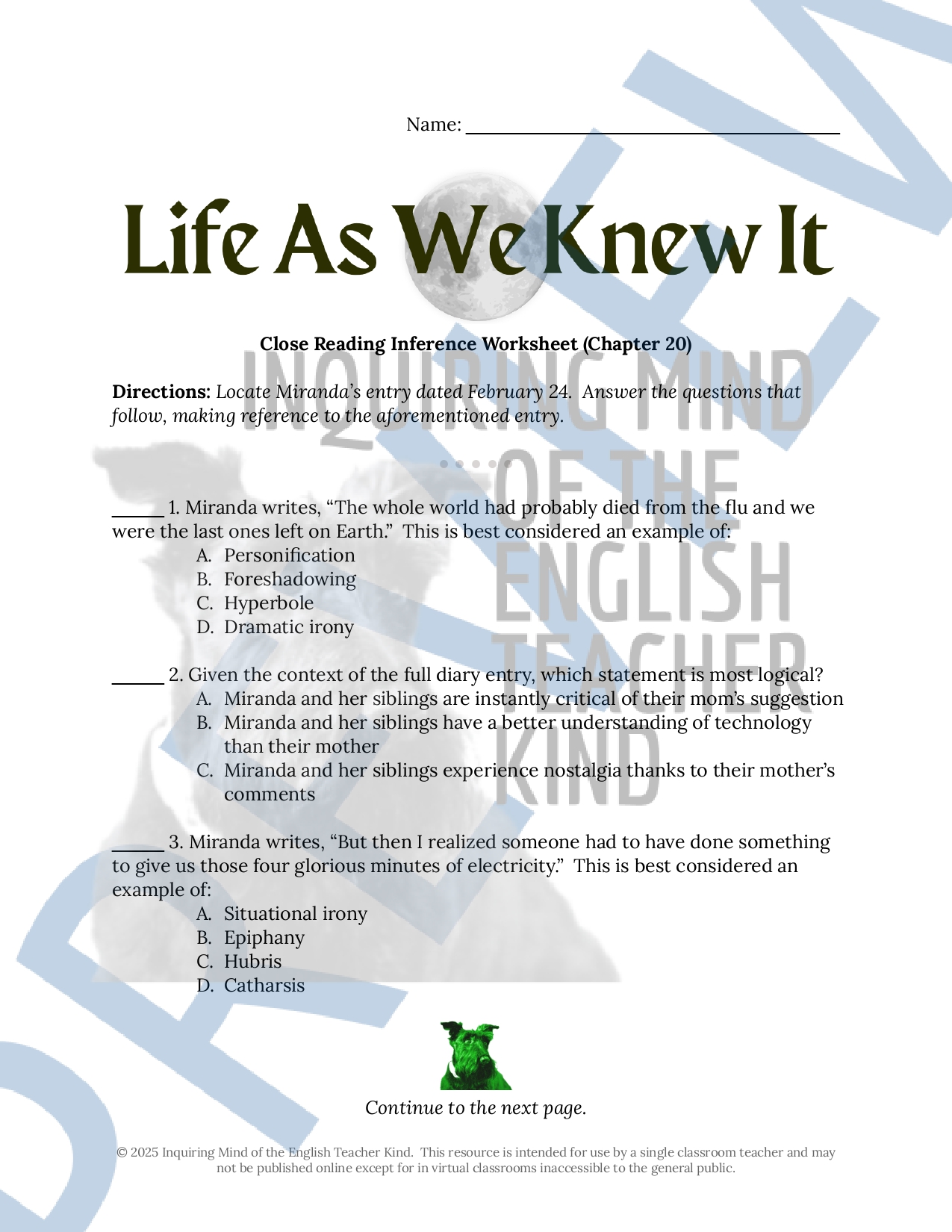 Life As We Knew It Chapter 20 Close Reading Inference Worksheet and ...