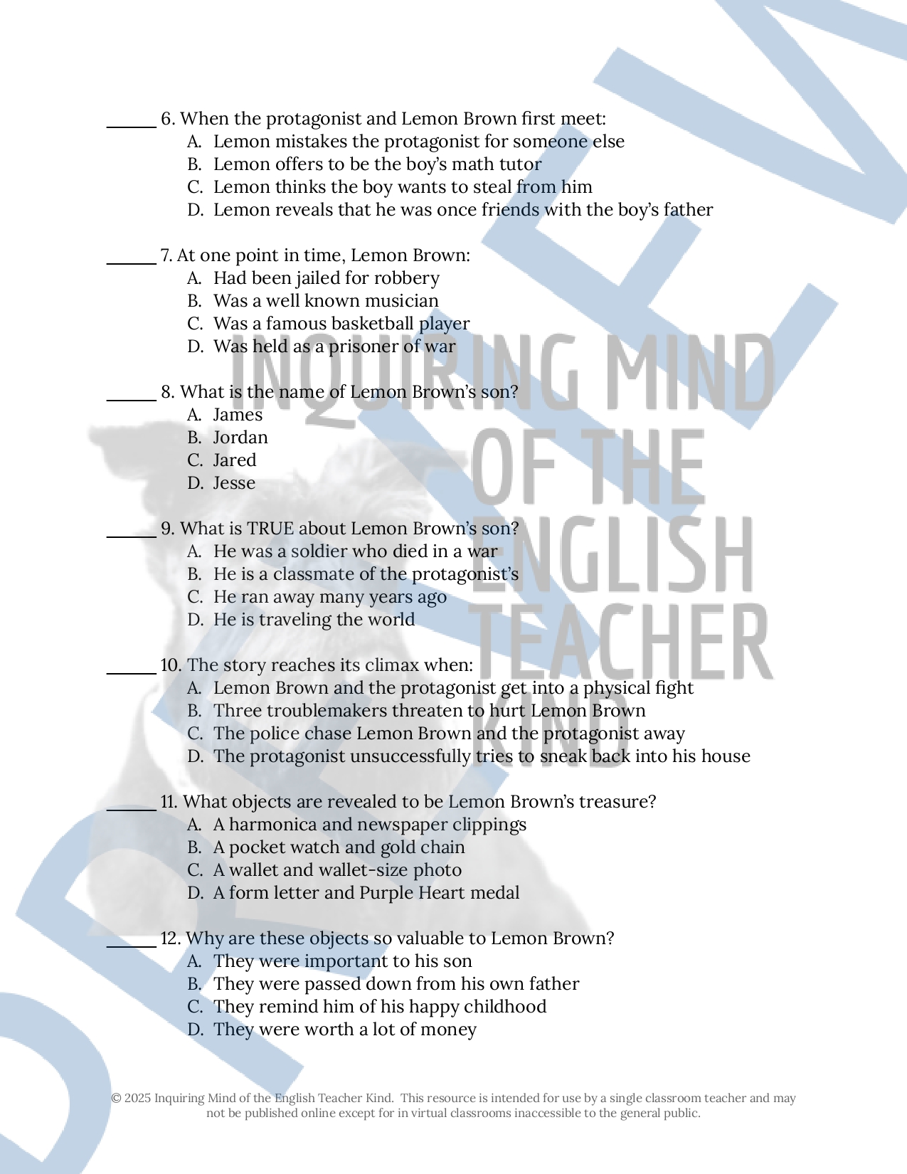 "The Treasure of Lemon Brown" by Walter Dean Myers Quiz and Answer Key ...