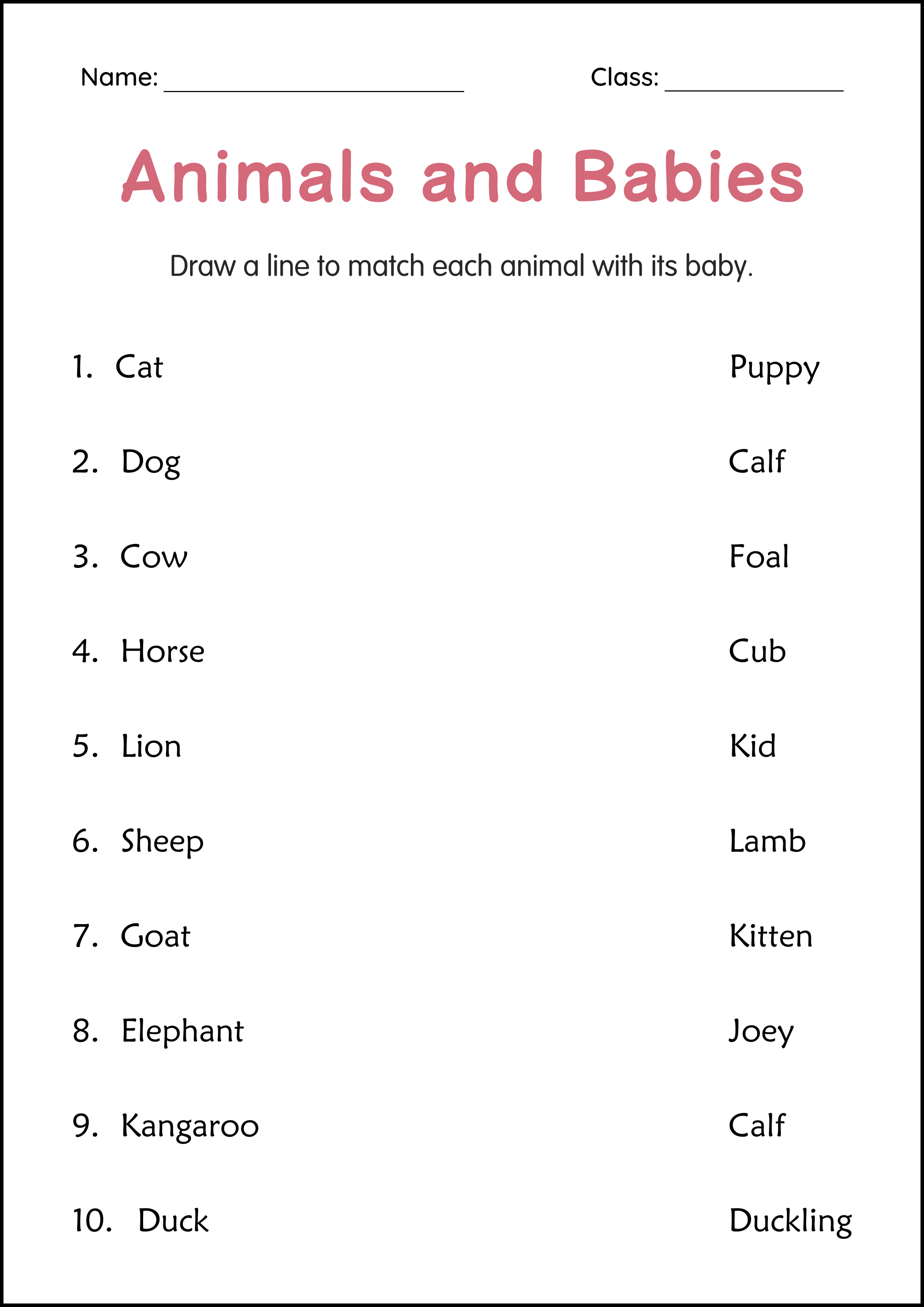 Animals and Their Babies Worksheets - Mother and Baby Animals for Grade ...