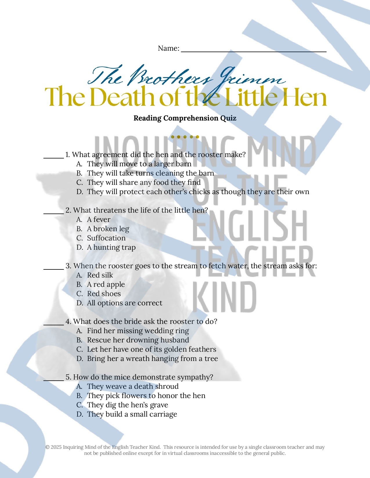 "The Death of the Little Hen" Quiz and Answer Key (Grimm's Fairy Tales ...