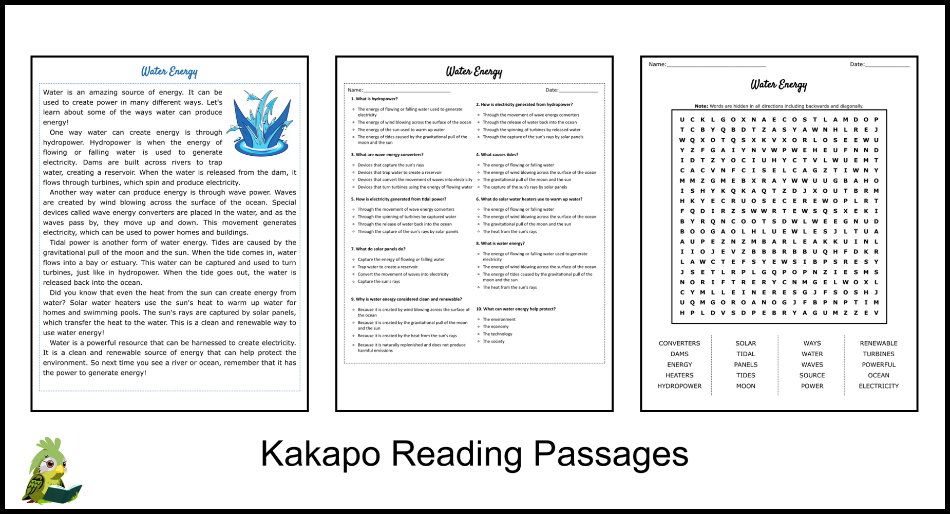 Water Energy Reading Comprehension And Word Search Teaching Resources