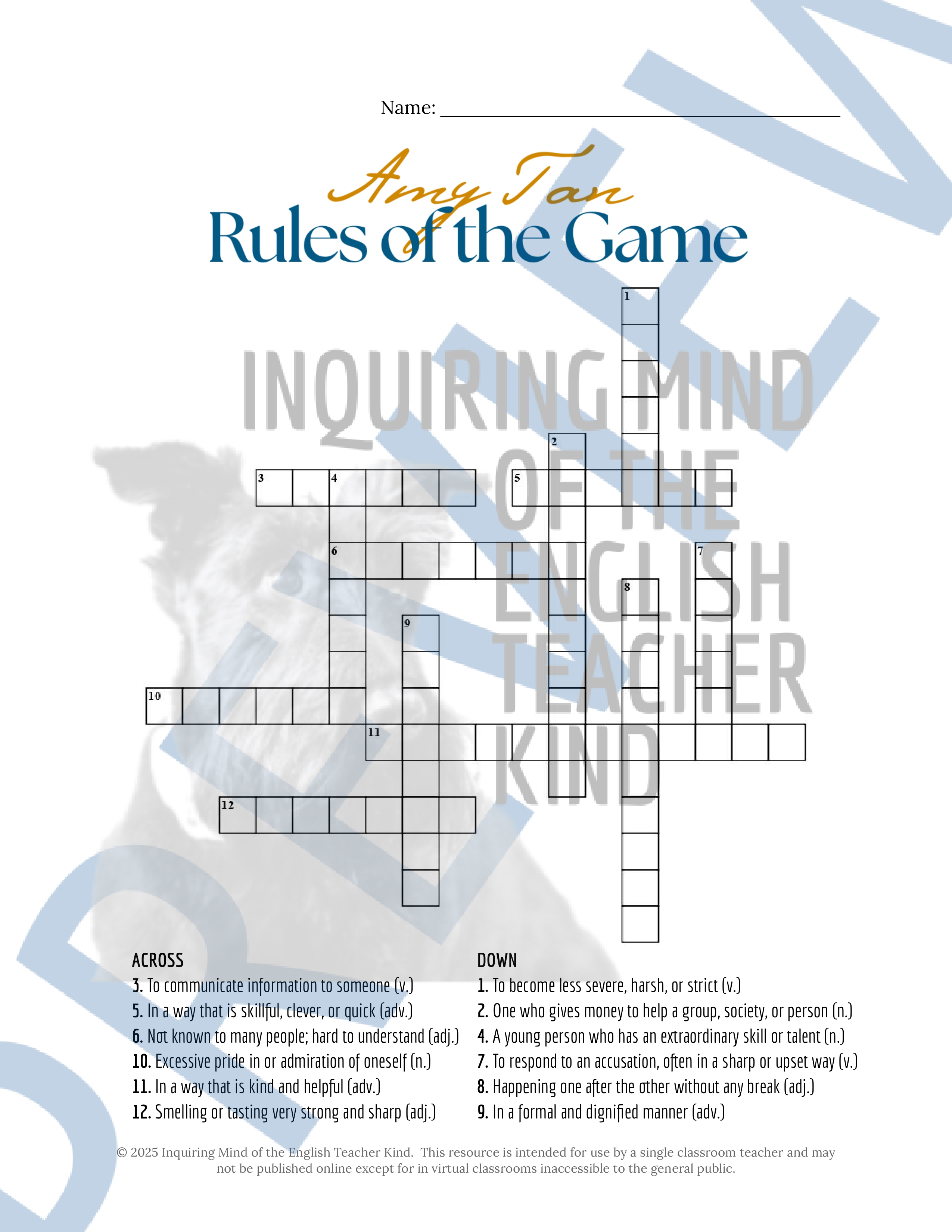 "Rules of the Game" by Amy Tan Vocabulary Games and Activities ...