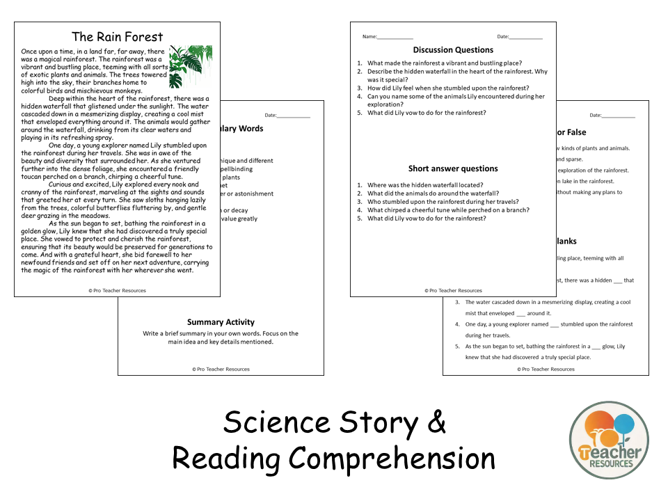 The Rain Forest Reading Science Story Comprehension Questions Worksheet ...
