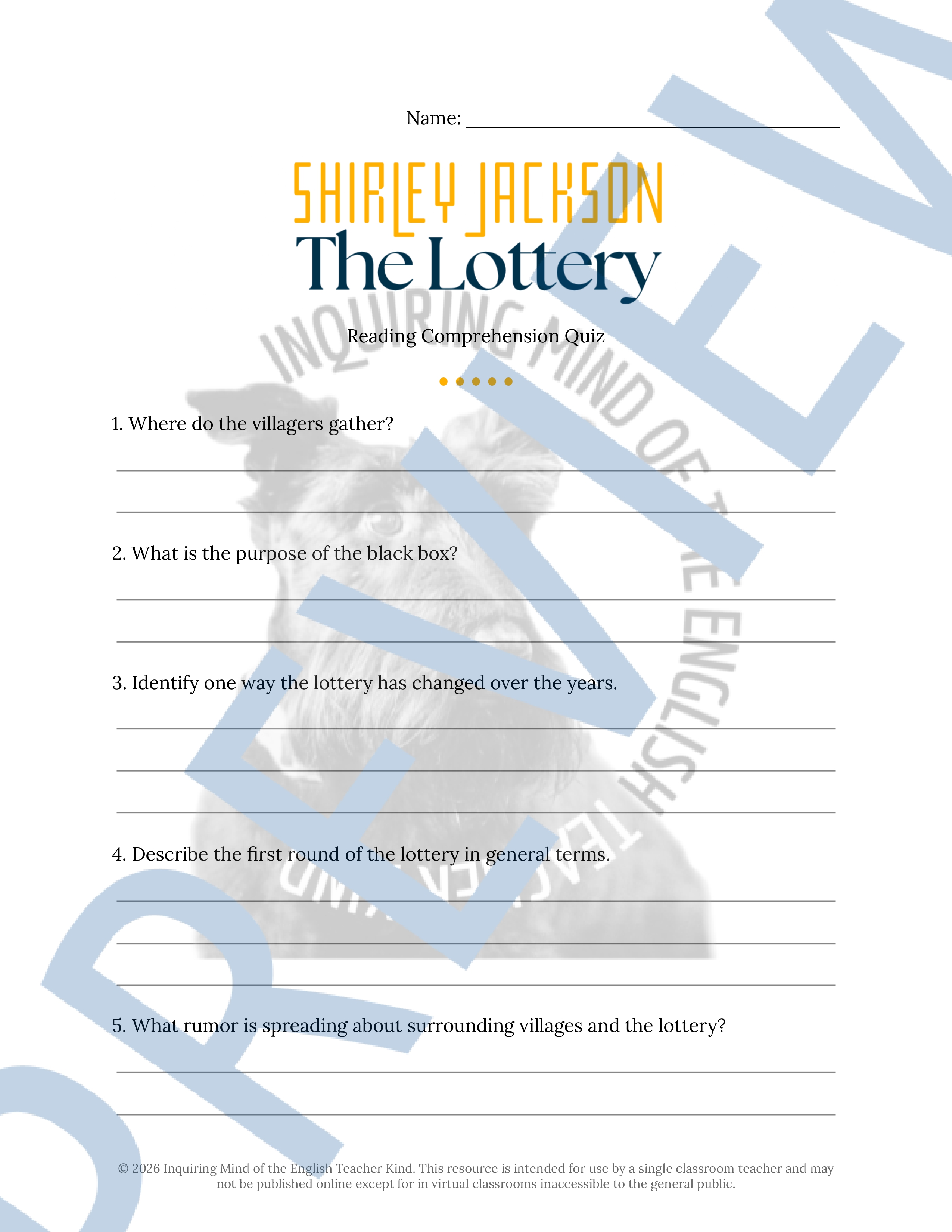 "The Lottery" by Shirley Jackson Quizzes and Answer Keys | Teaching ...