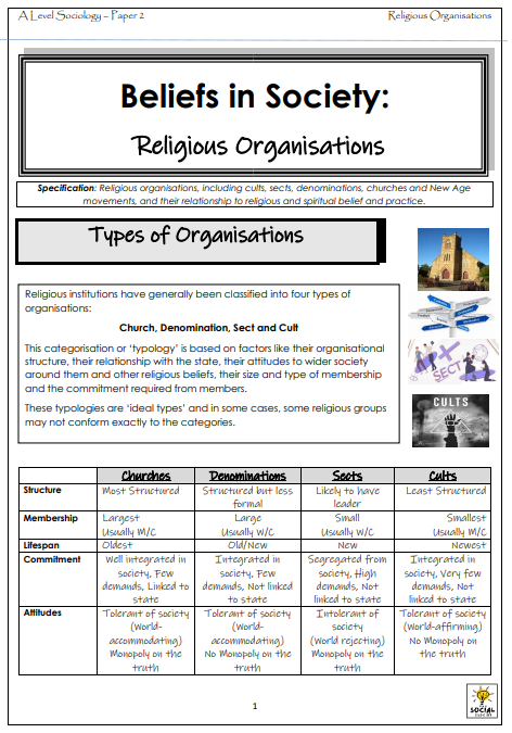 AQA A level Sociology - Beliefs in society - Religious Organisations ...