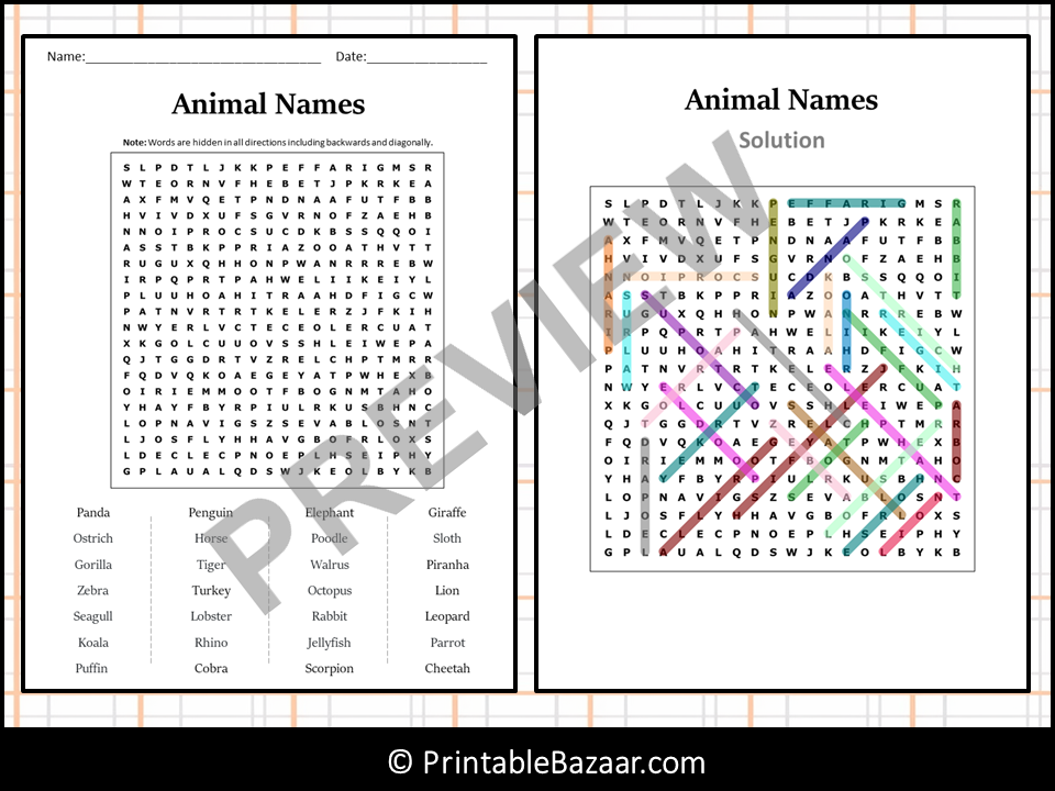 Animal Names Word Search Puzzle Worksheet Activity | Teaching Resources