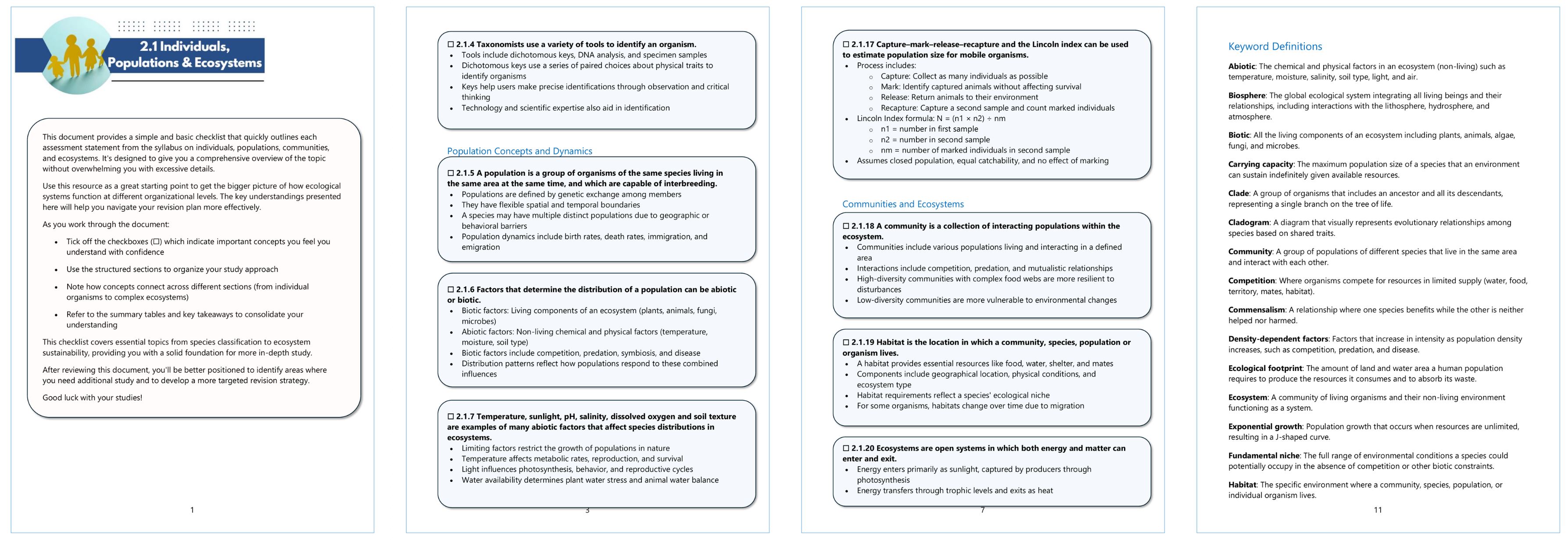 IB DP ESS 2.1: Individuals & Populations Condensed Revision Outline ...