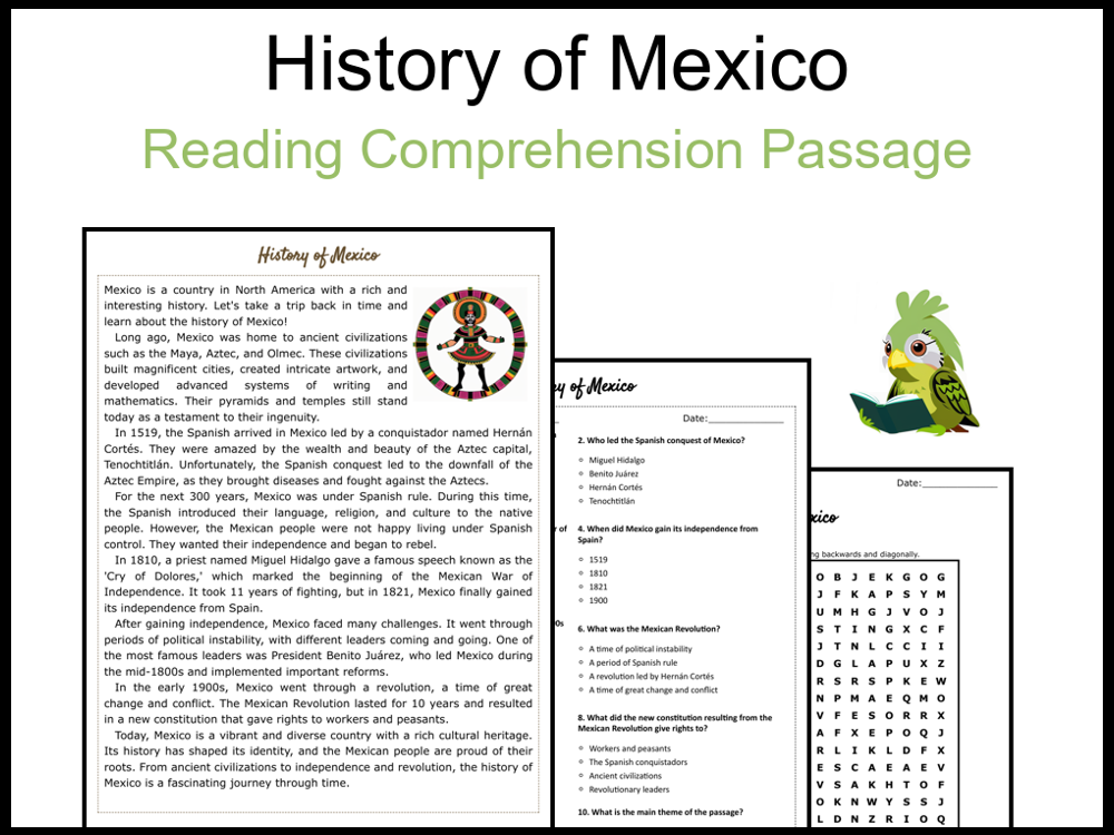 History of Mexico Reading Comprehension and Word Search | Teaching ...