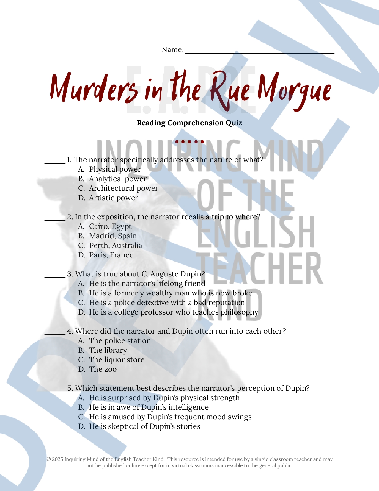 "The Murders in the Rue Morgue" by Edgar Allan Poe Quiz and Answer Key ...