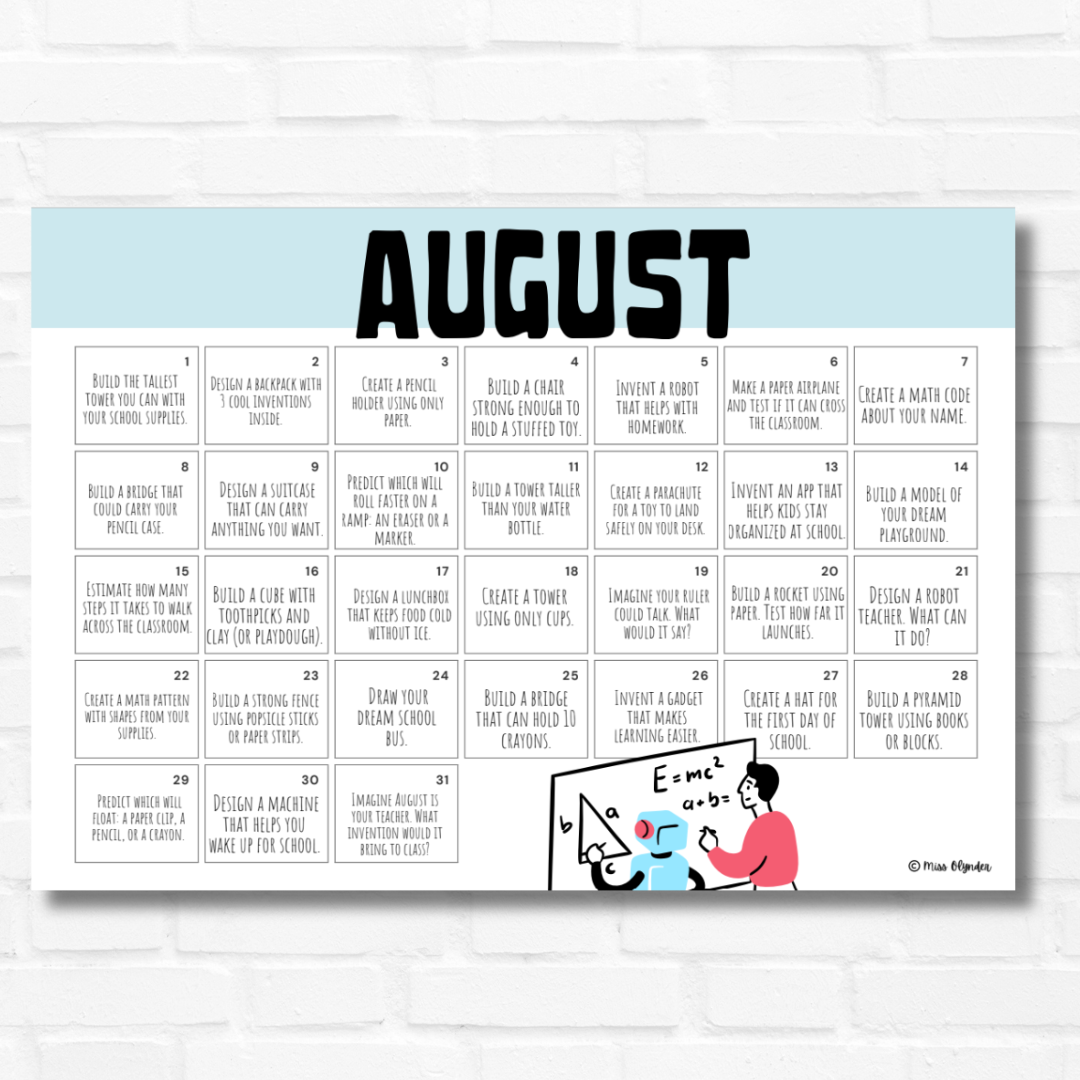 STEM Challenge Calendar – August | Daily STEM Activities for Primary ...