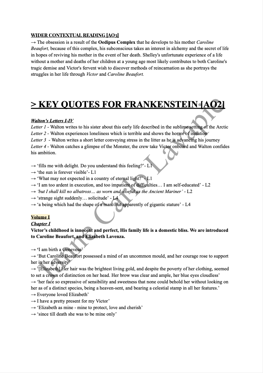 Edexcel A Level English Literature: Frankenstein Notes | Teaching Resources