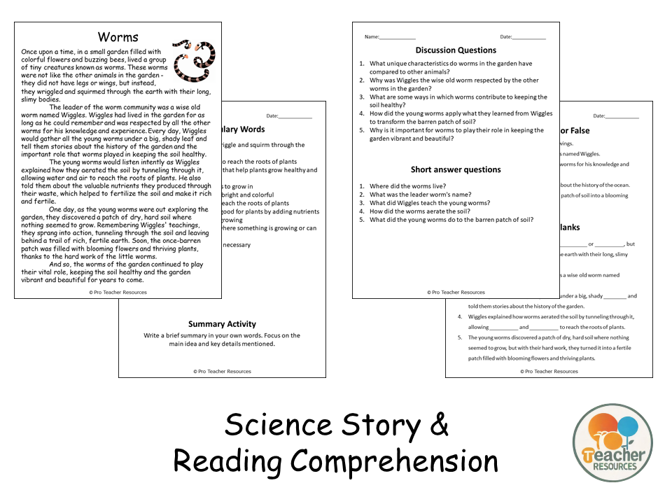 Worms Reading Science Story Comprehension Questions Worksheet ...