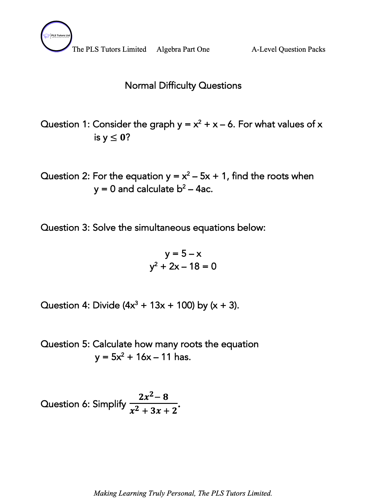 A-Level Algebra One Question Pack | Teaching Resources