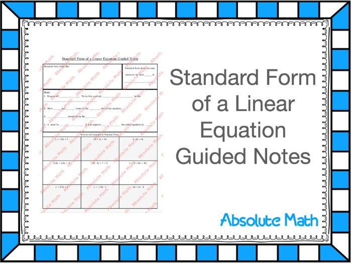 Standard Form Of A Linear Equation Guided Notes Teaching Resources