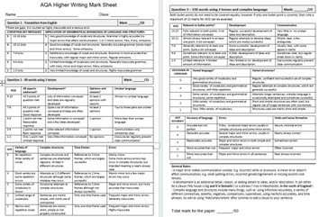 AQA new GCSE Writing mark sheet Higher - Student and Teacher friendly ...