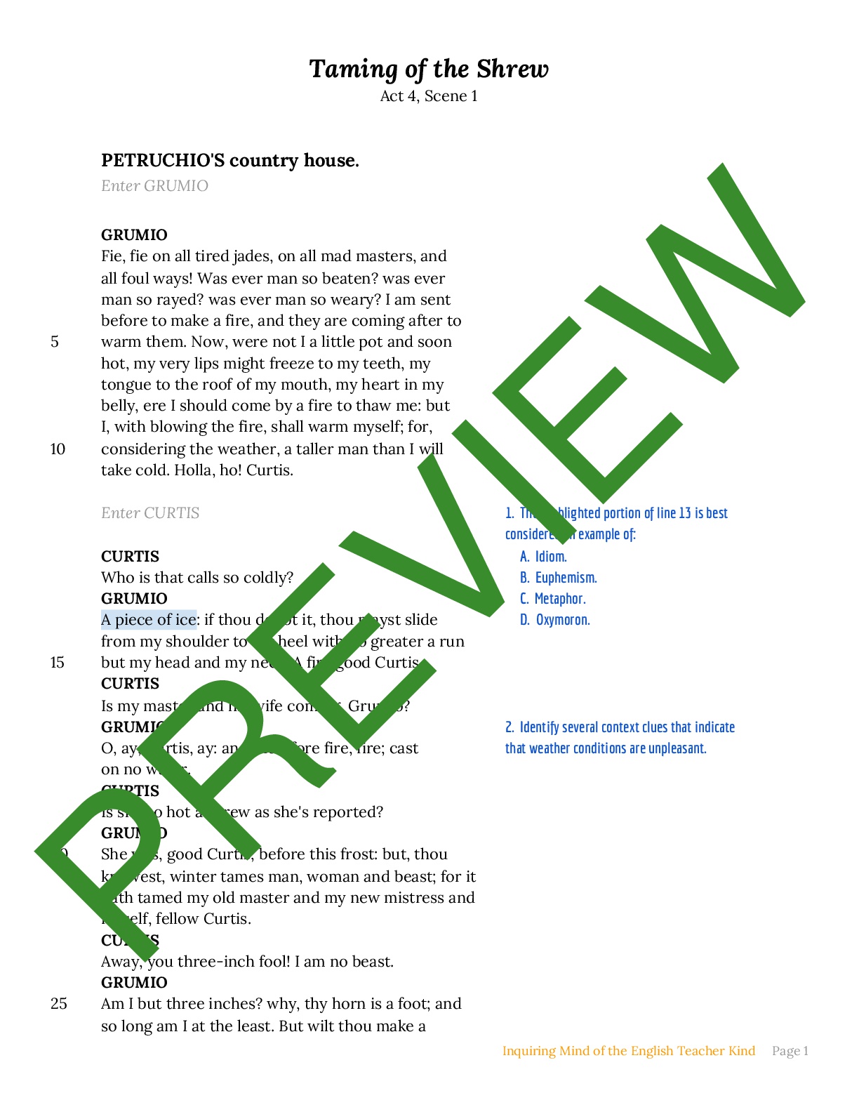 Shakespeare's Taming of the Shrew Act 4 Scene 1 Close Reading Analysis ...
