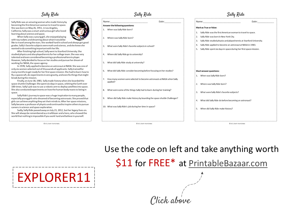 Sally Ride Biography Reading Comprehension Passage Printable Worksheet ...