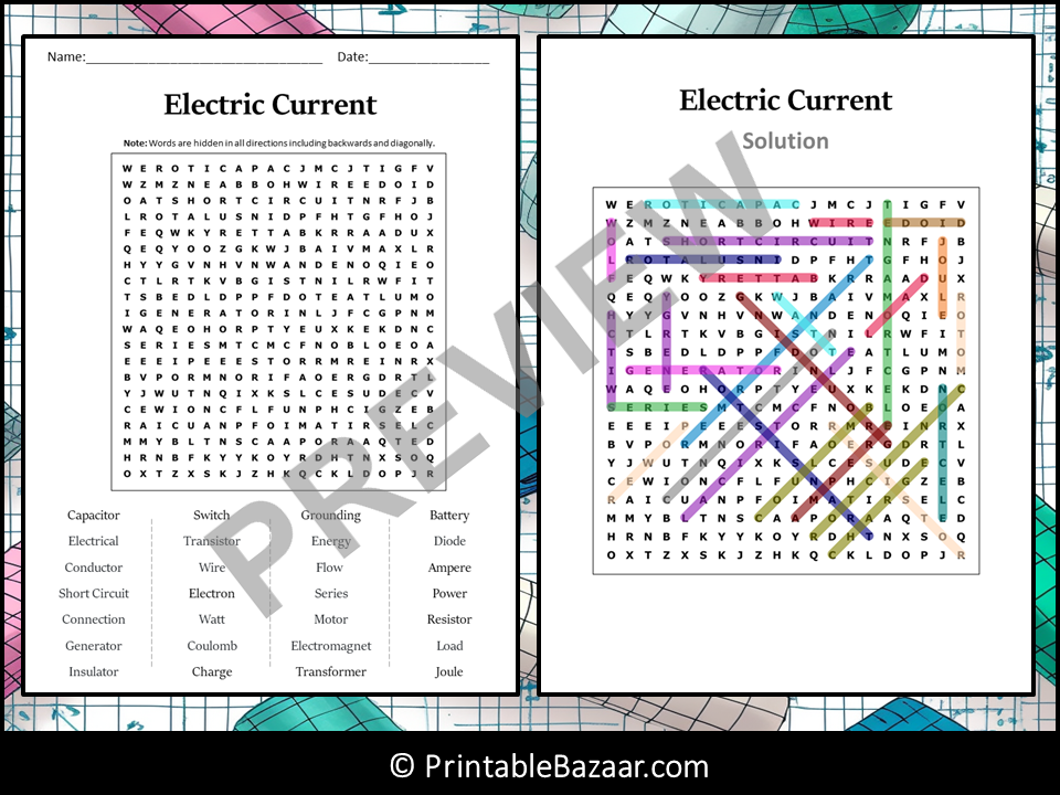 Electric Current Word Search Puzzle Worksheet Activity | Teaching Resources
