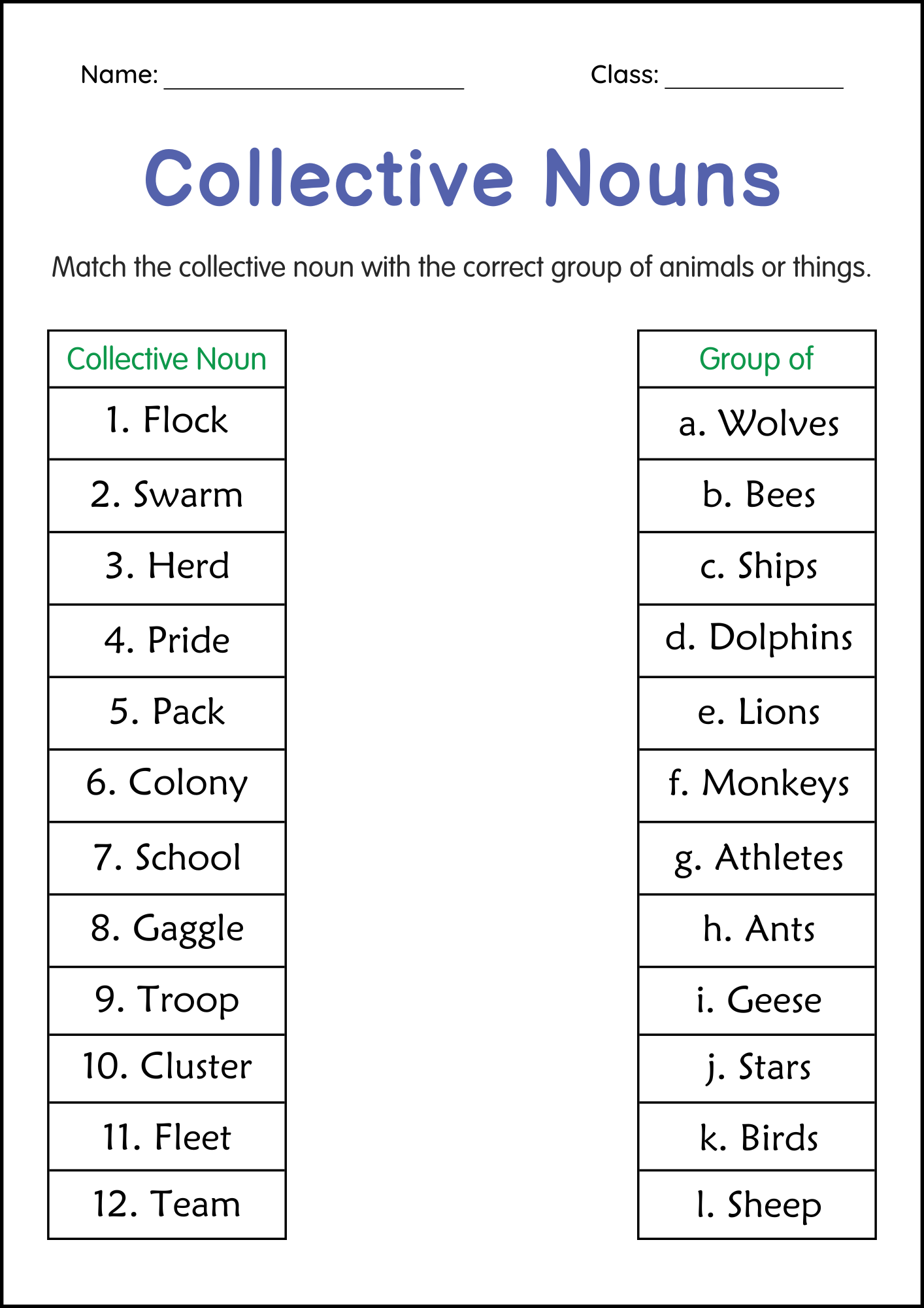 Printable Collective Nouns Grammar Worksheets for Grade 3, 4, 5 ...
