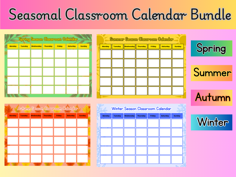 Seasonal Classroom Calendar Bundle | Printable | Spring, Summer, Autumn ...