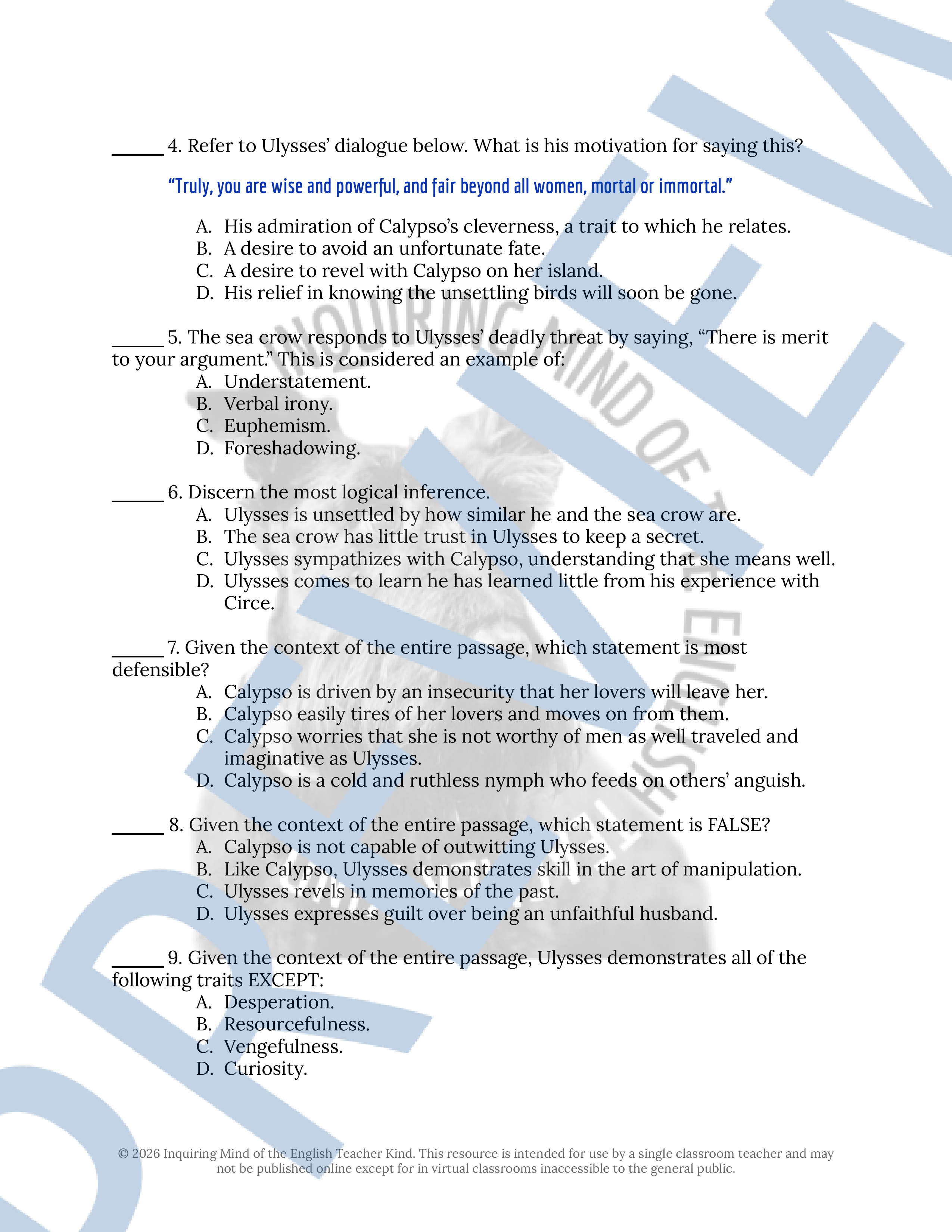 The Adventures of Ulysses Chapter 13 Close Reading Analysis Worksheet ...