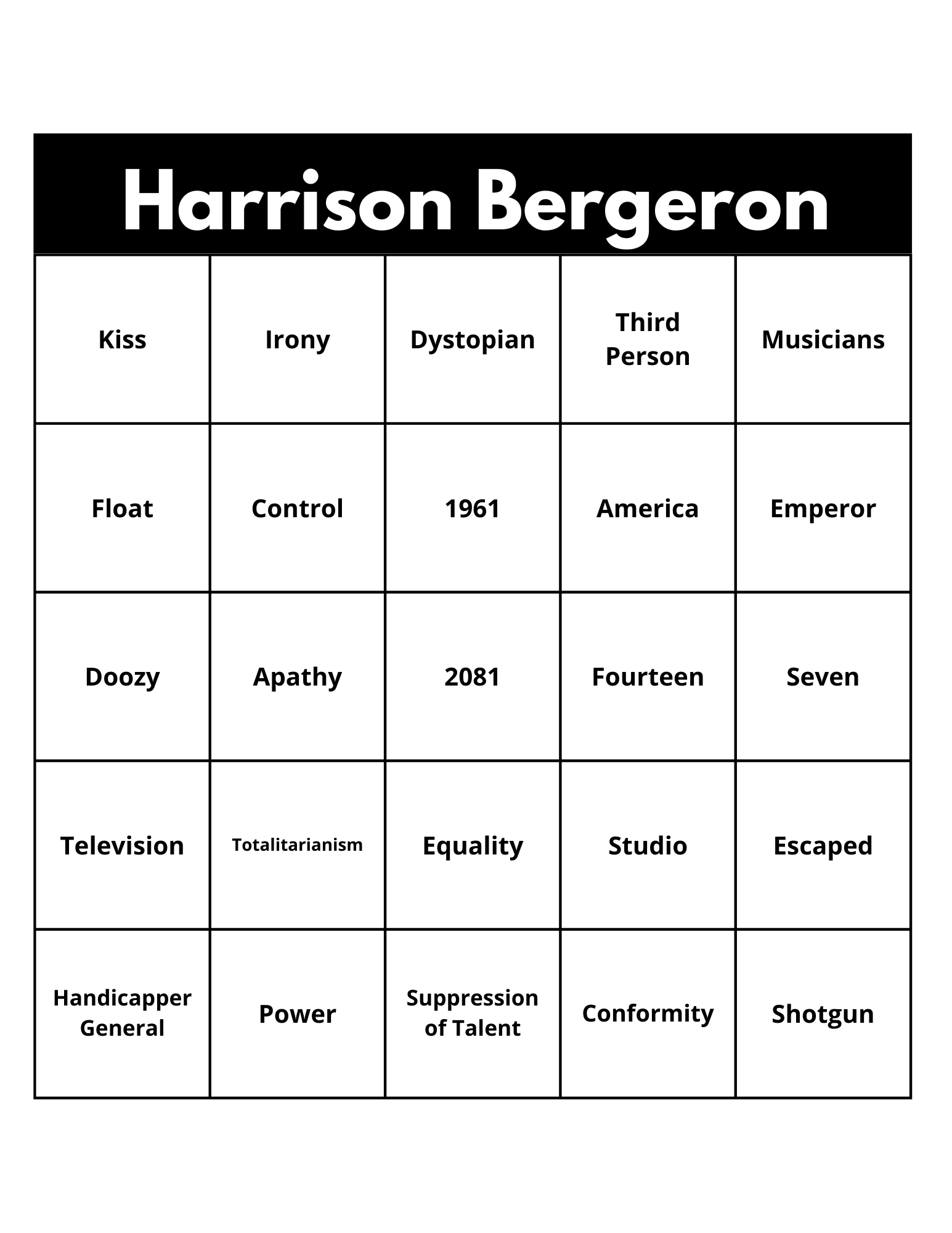 Harrison Bergeron Review Bingo | Teaching Resources