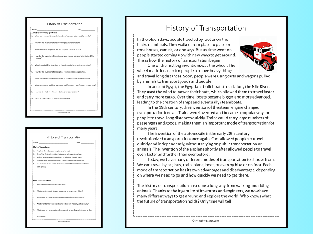 History of Transportation Reading Comprehension Passage Printable ...