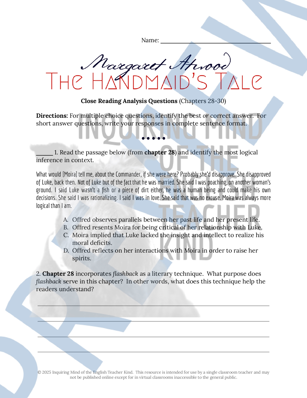 The Handmaid's Tale Chapters 28-30 Close Reading Worksheet | Teaching ...