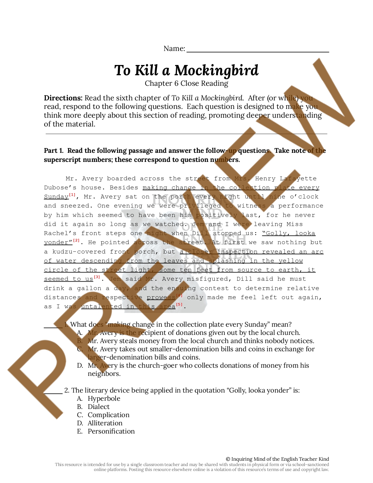 To Kill a Mockingbird Chapter 6 Close Reading Worksheet | Teaching ...