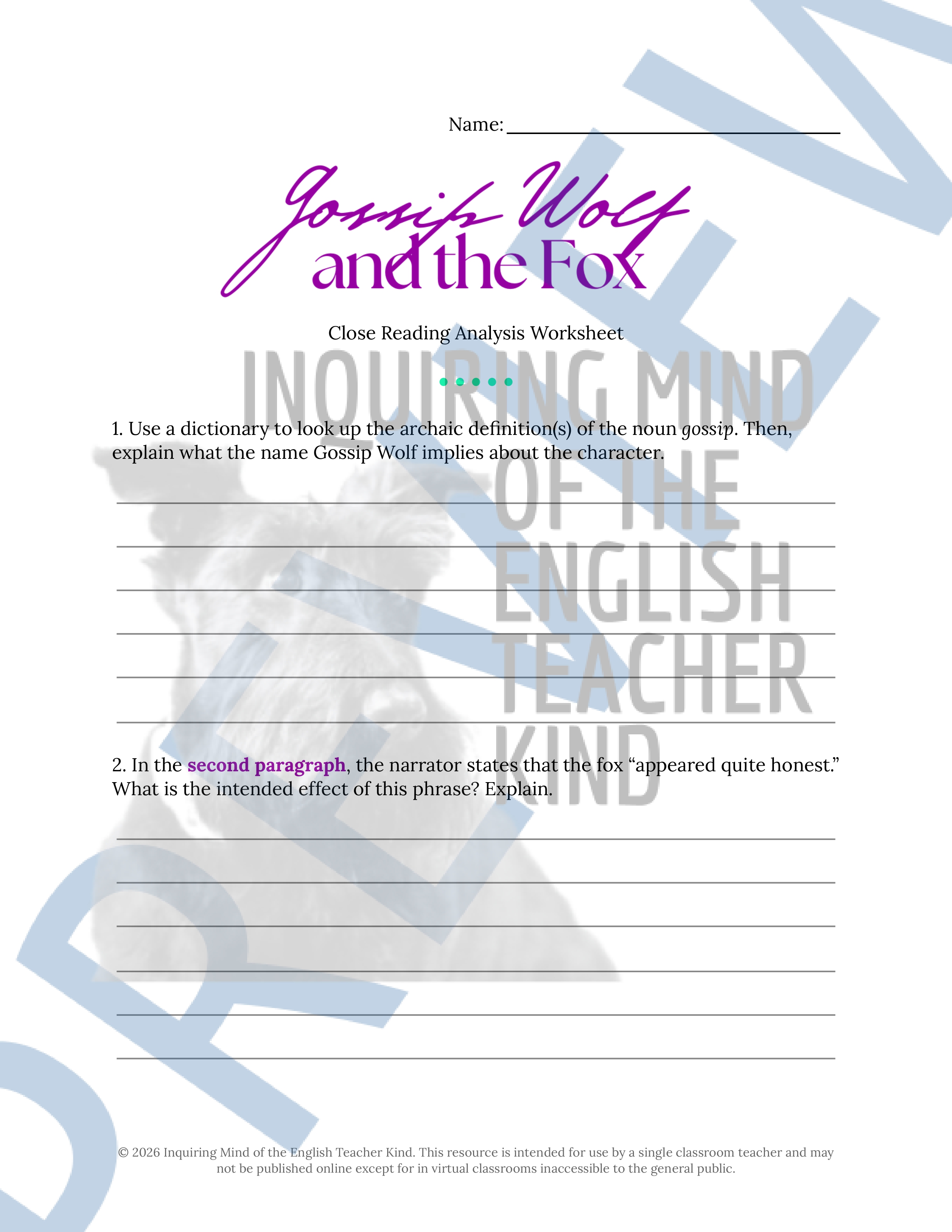 "Gossip Wolf and the Fox" Close Reading Analysis Worksheet | Grimm's Fairy Tale Activity ...