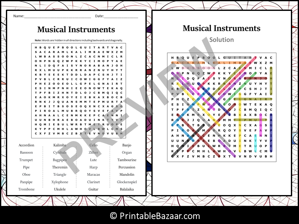 Musical Instruments Word Search Puzzle Worksheet Activity | Teaching ...