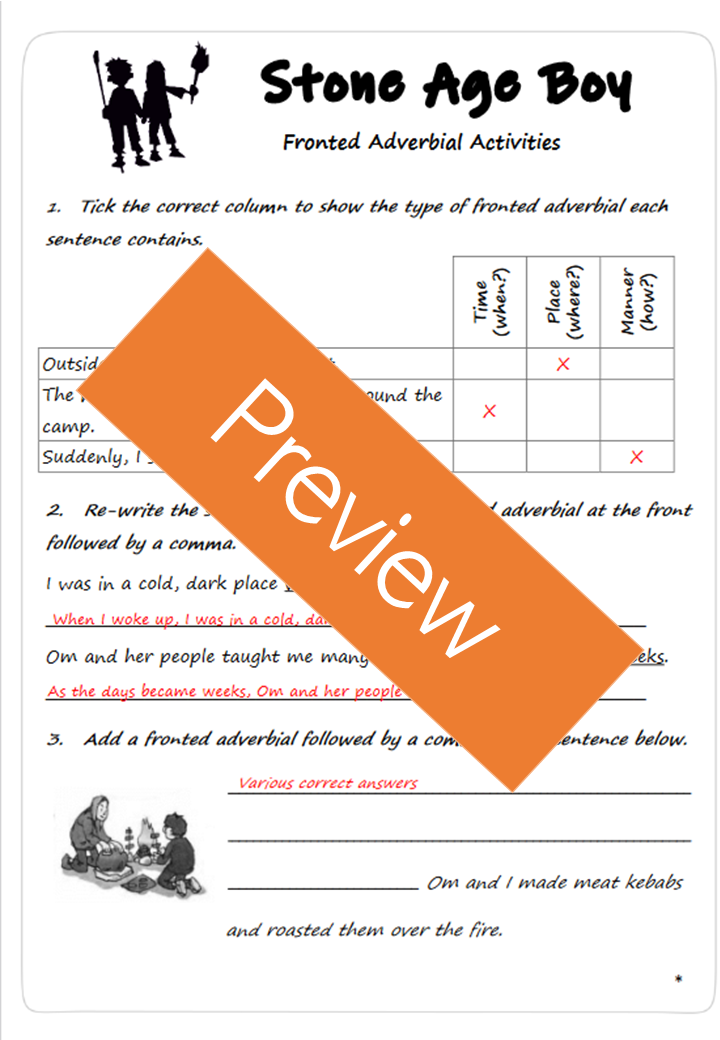 Stone Age Boy Fronted Adverbials Differentiated Worksheets & Answers ...