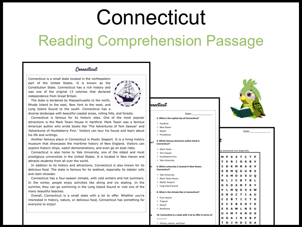 Connecticut Reading Comprehension and Word Search | Teaching Resources