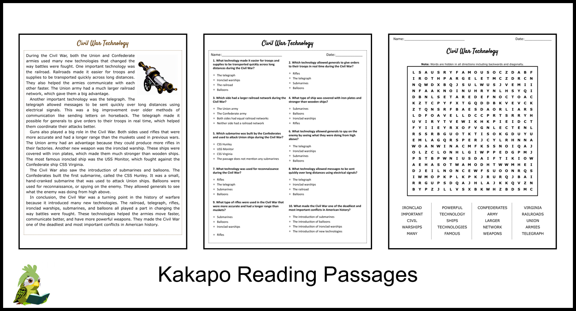 Civil War Technology Reading Comprehension and Word Search | Teaching ...