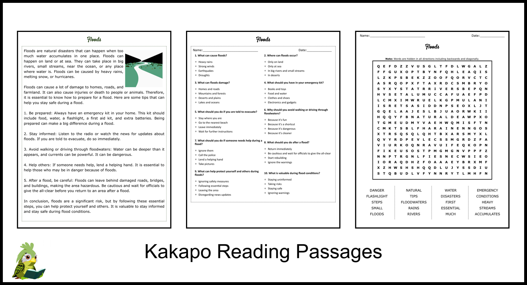 Floods Reading Comprehension and Word Search | Teaching Resources
