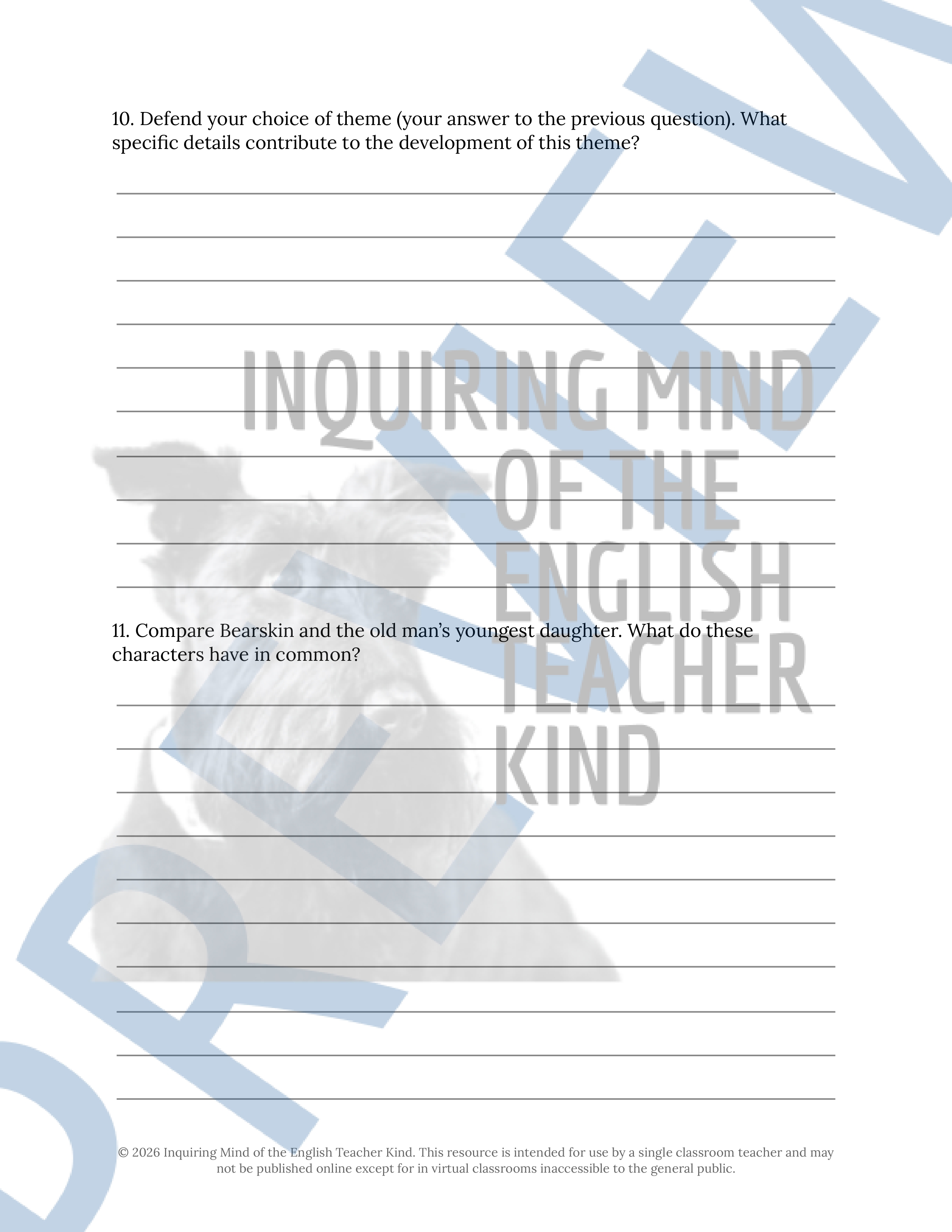 "Bearskin" by the Brothers Grimm Close Reading Analysis Worksheet ...